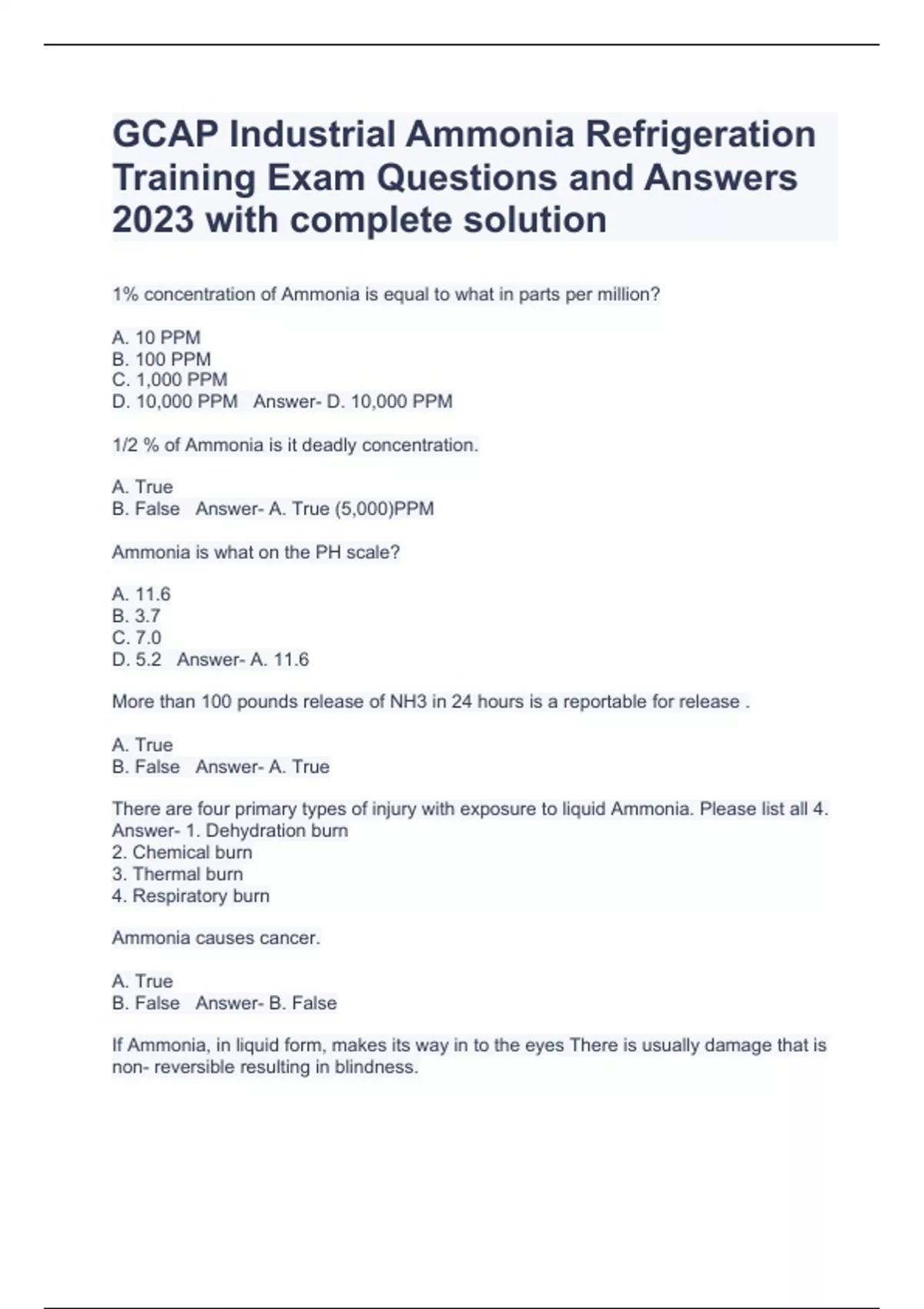 GCAP Industrial Ammonia Refrigeration Training Exam Questions and ...