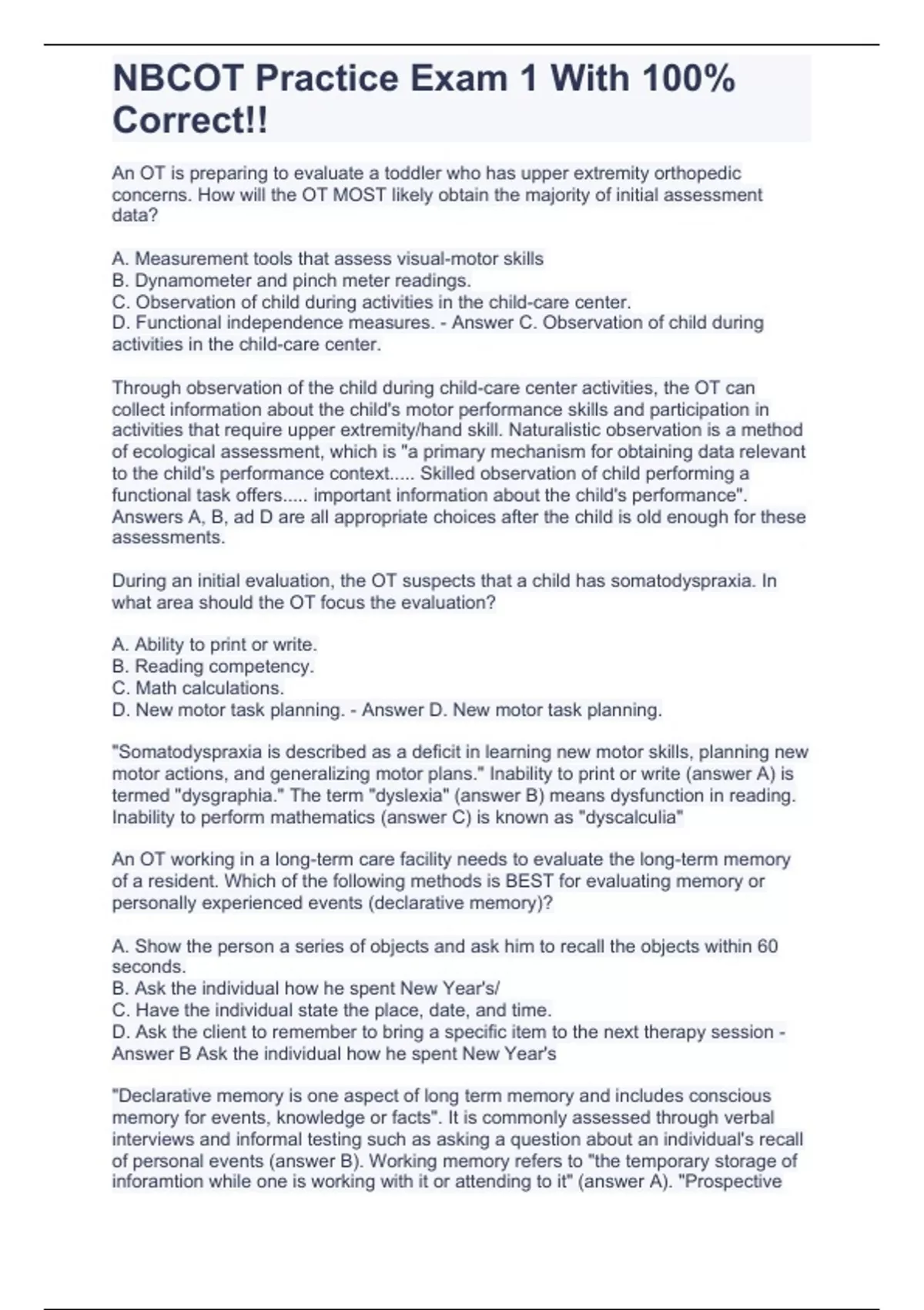 NBCOT Practice Exam 1 With 100% Correct!! - NBCOT - Stuvia US