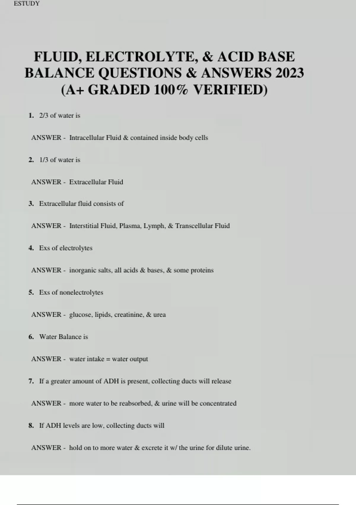 FLUID, ELECTROLYTE, & ACID BASE BALANCE QUESTIONS & ANSWERS 2023 (A+ ...