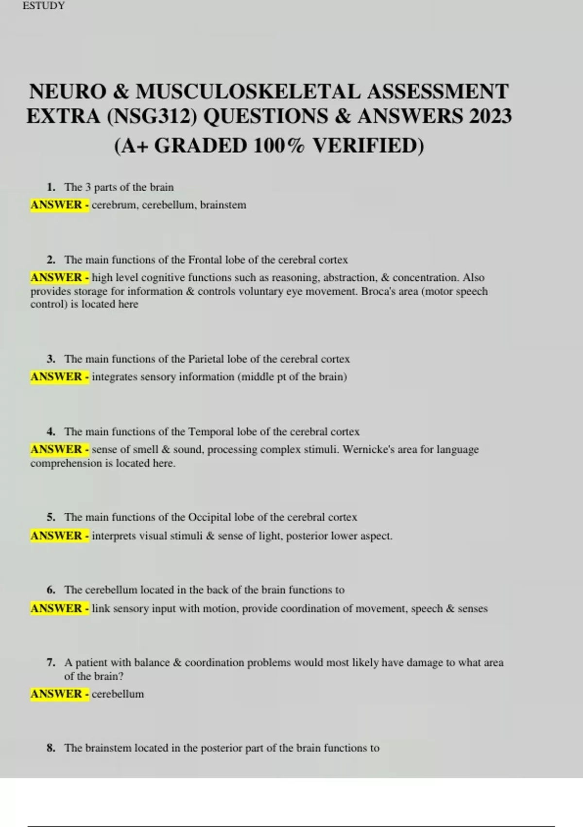 NEURO & MUSCULOSKELETAL ASSESSMENT EXTRA (NSG312) QUESTIONS & ANSWERS ...