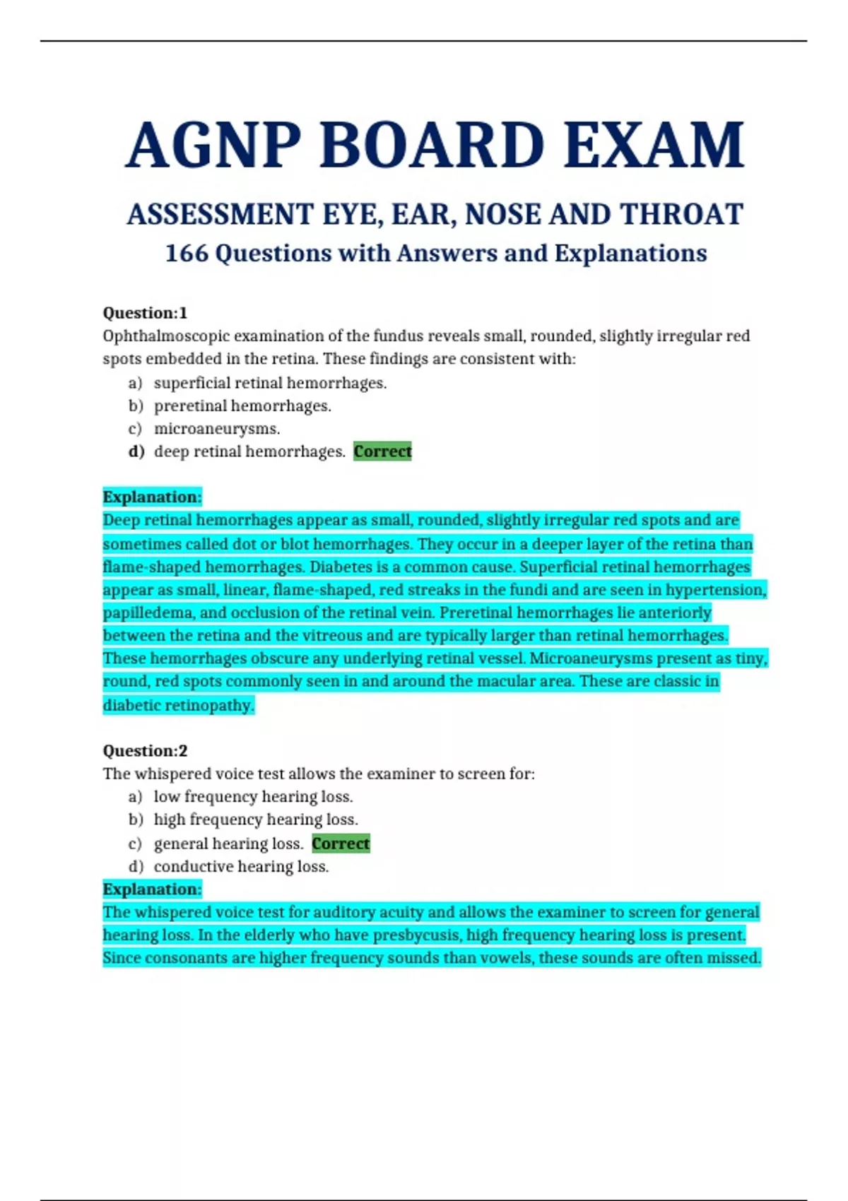 AGNP BOARD EXAM EYE EAR NOSE THROAT Assessment - AGNP - Stuvia US
