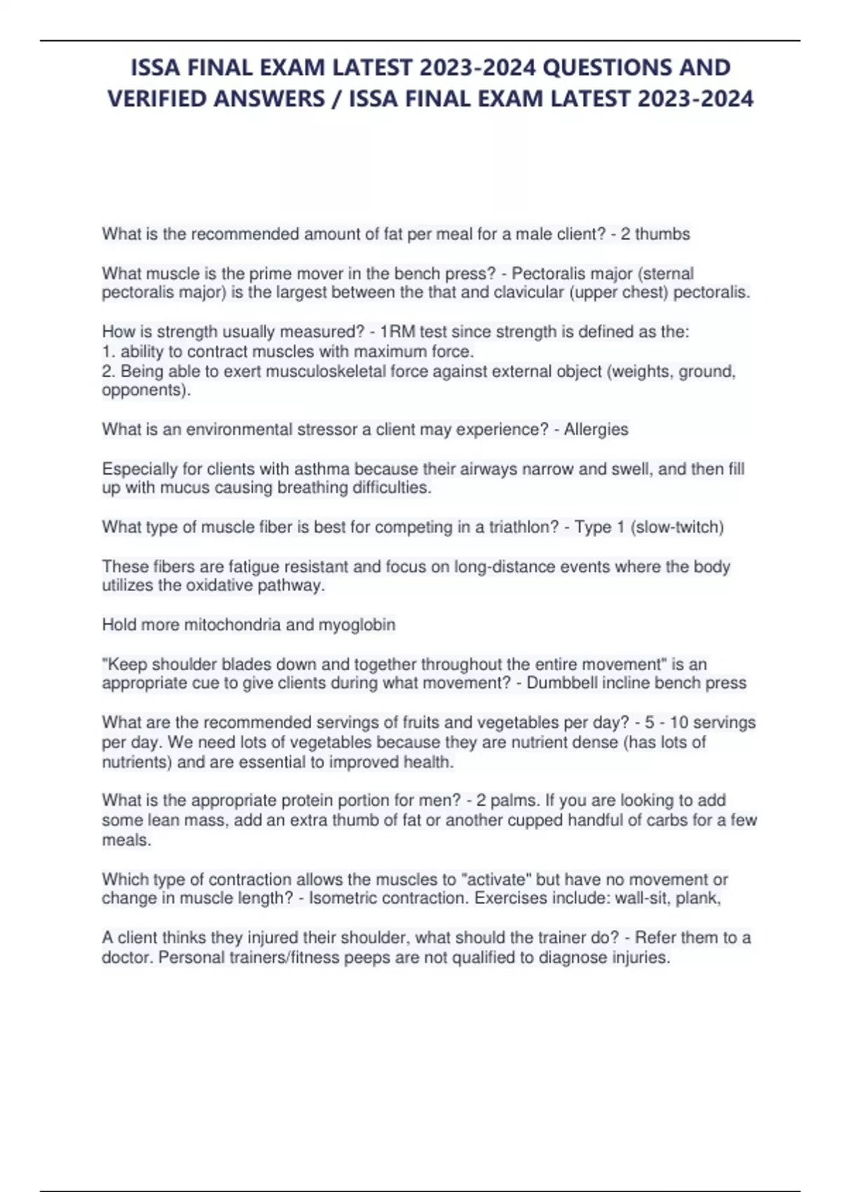 ISSA FINAL EXAM LATEST QUESTIONS AND VERIFIED ANSWERS - BSN - Stuvia US