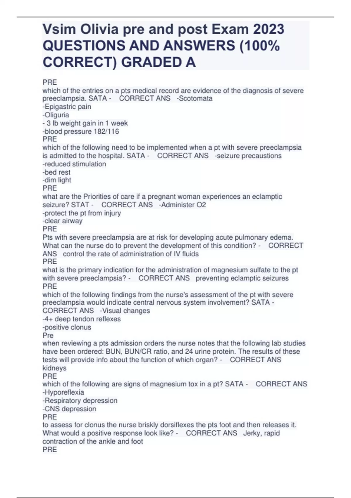 Vsim Olivia pre and post Exam 2023 QUESTIONS AND ANSWERS (100% CORRECT ...