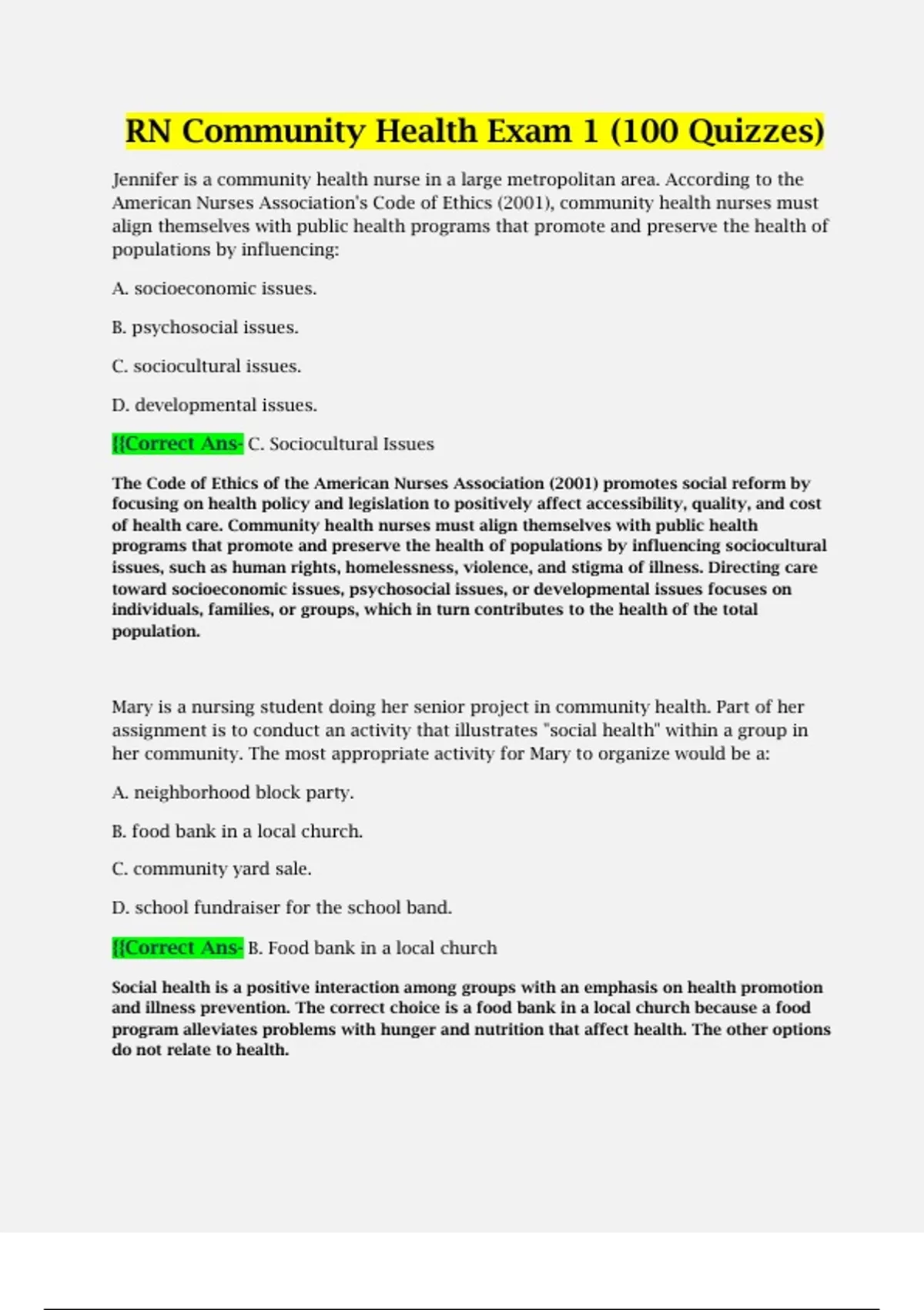 RN Community Health Exam 1 (100 Quizzes) All with Correct Answers ...