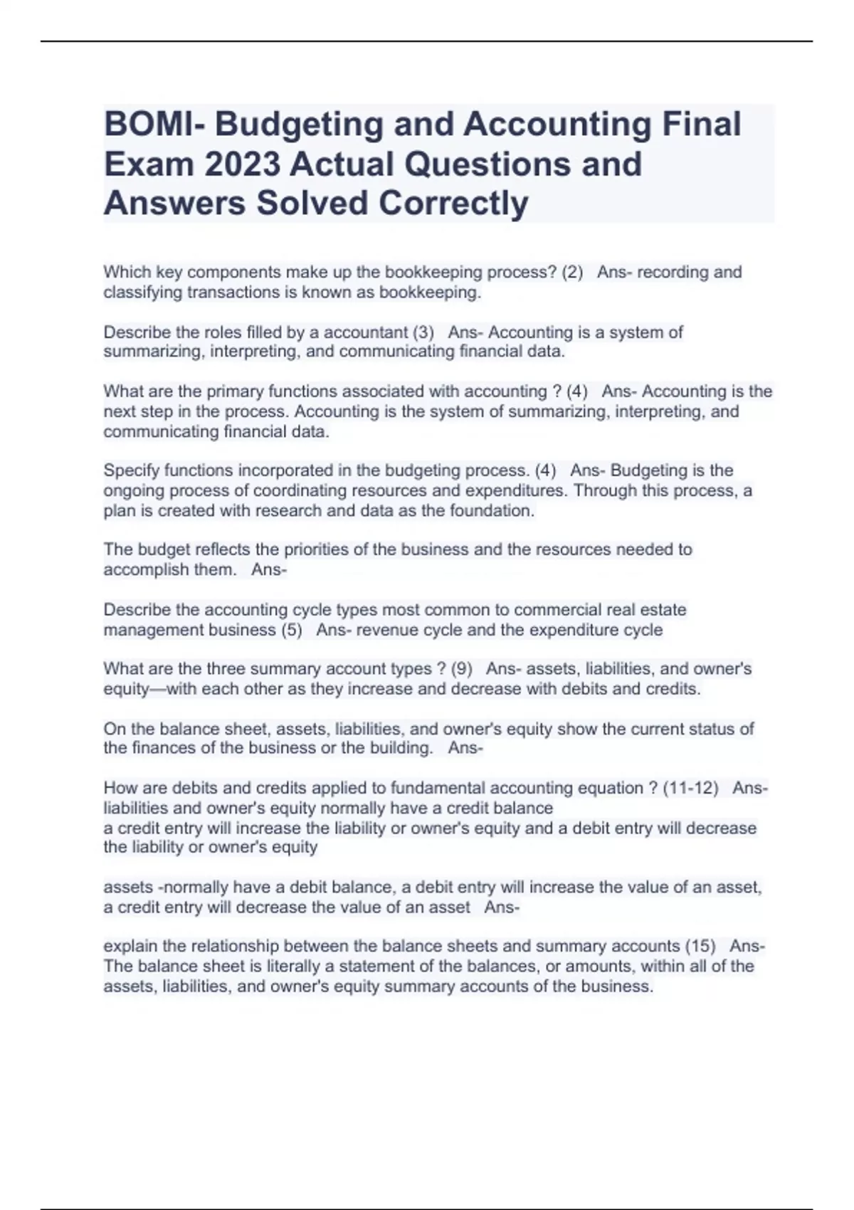 BOMI- Budgeting and Accounting Final Exam 2023 Actual Questions and ...