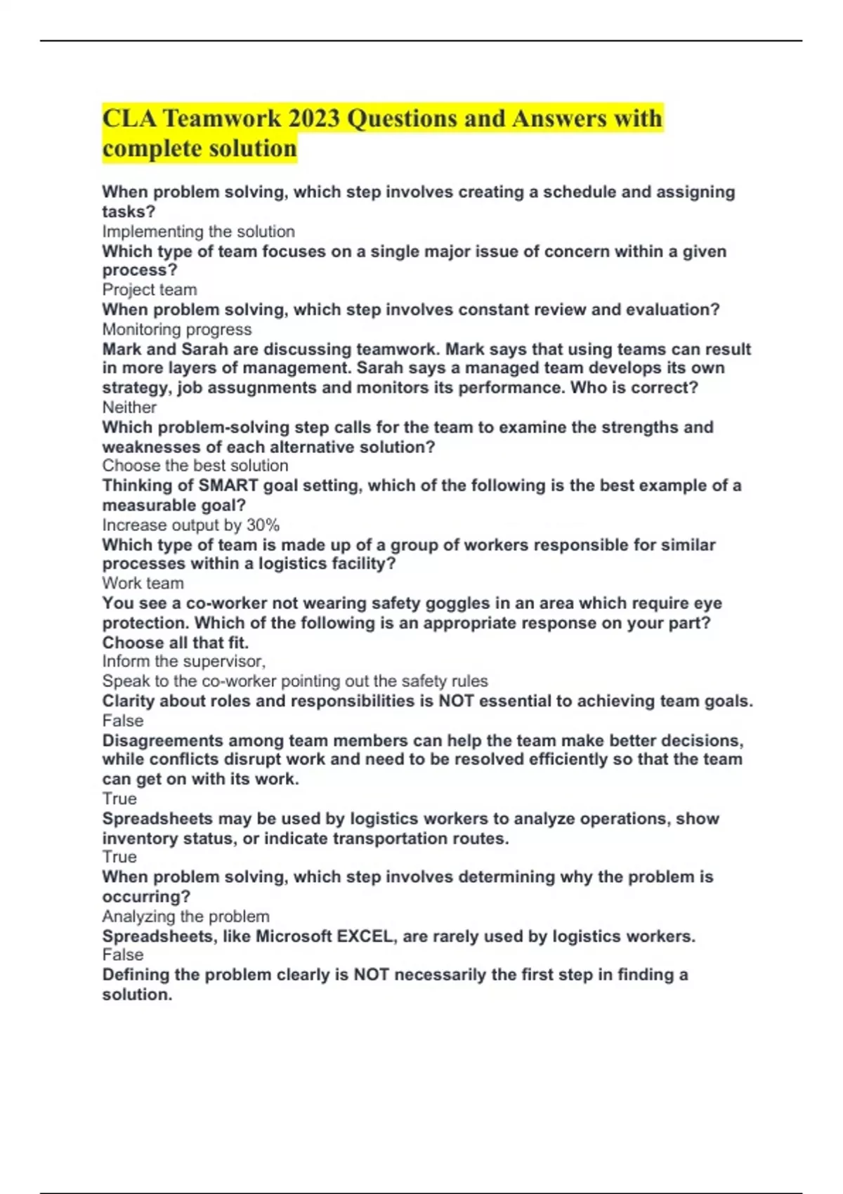 CLA Teamwork 2023 Questions and Answers with complete solution - CLA Teamwork - Stuvia US