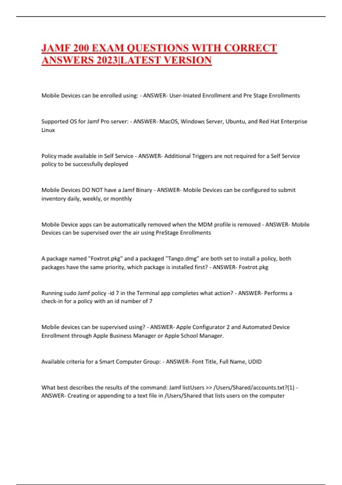 JAMF 200 EXAM QUESTIONS WITH CORRECT ANSWERS 2023|LATEST VERSION - Jamf ...