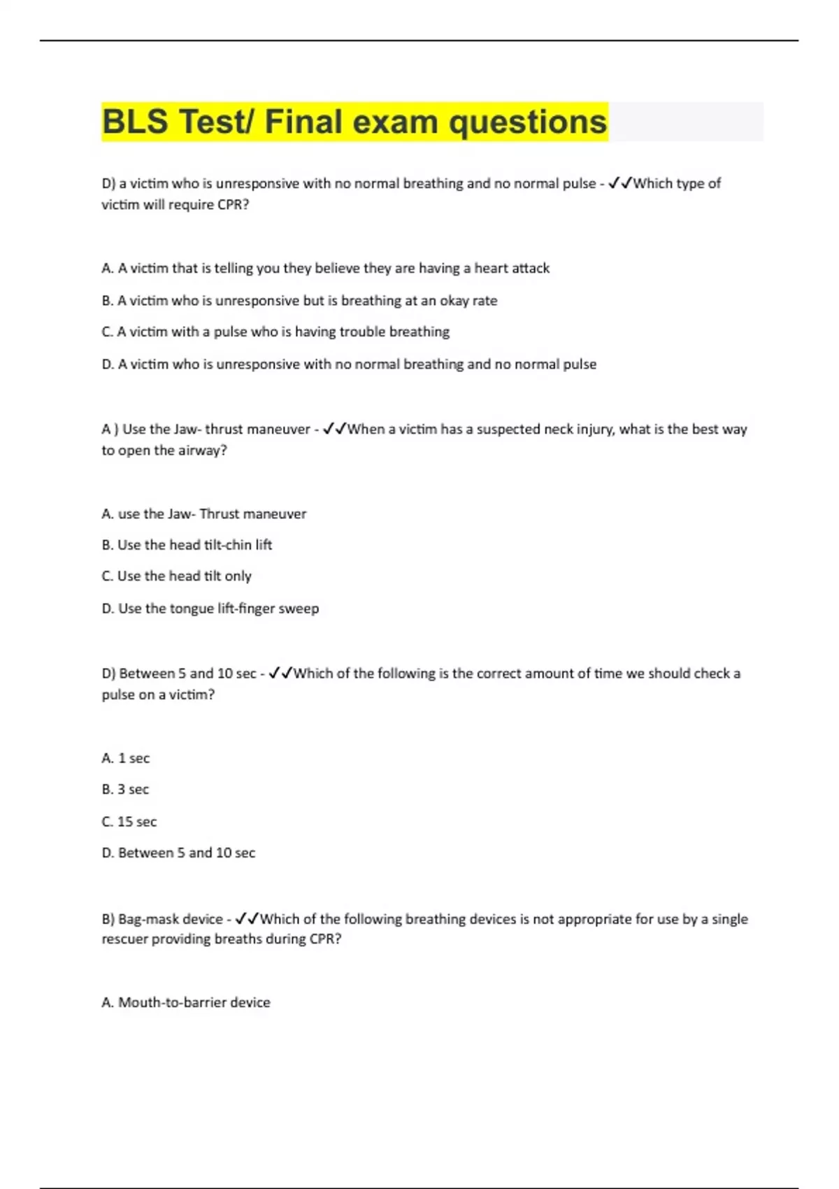 Bundle for Basic Life Support ,AHA BLS (CPR) 2020,2021,2022,2023 tests ...