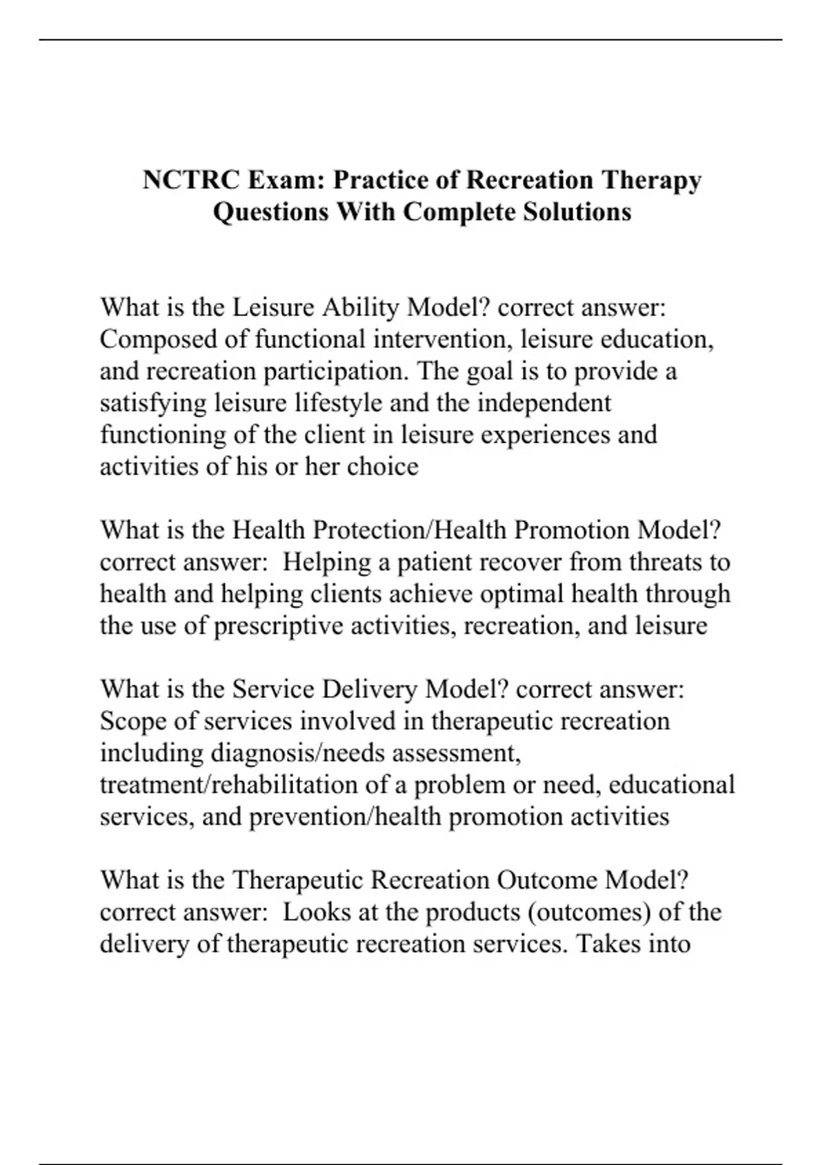NCTRC Exam: Practice of Recreation Therapy Questions With Complete ...