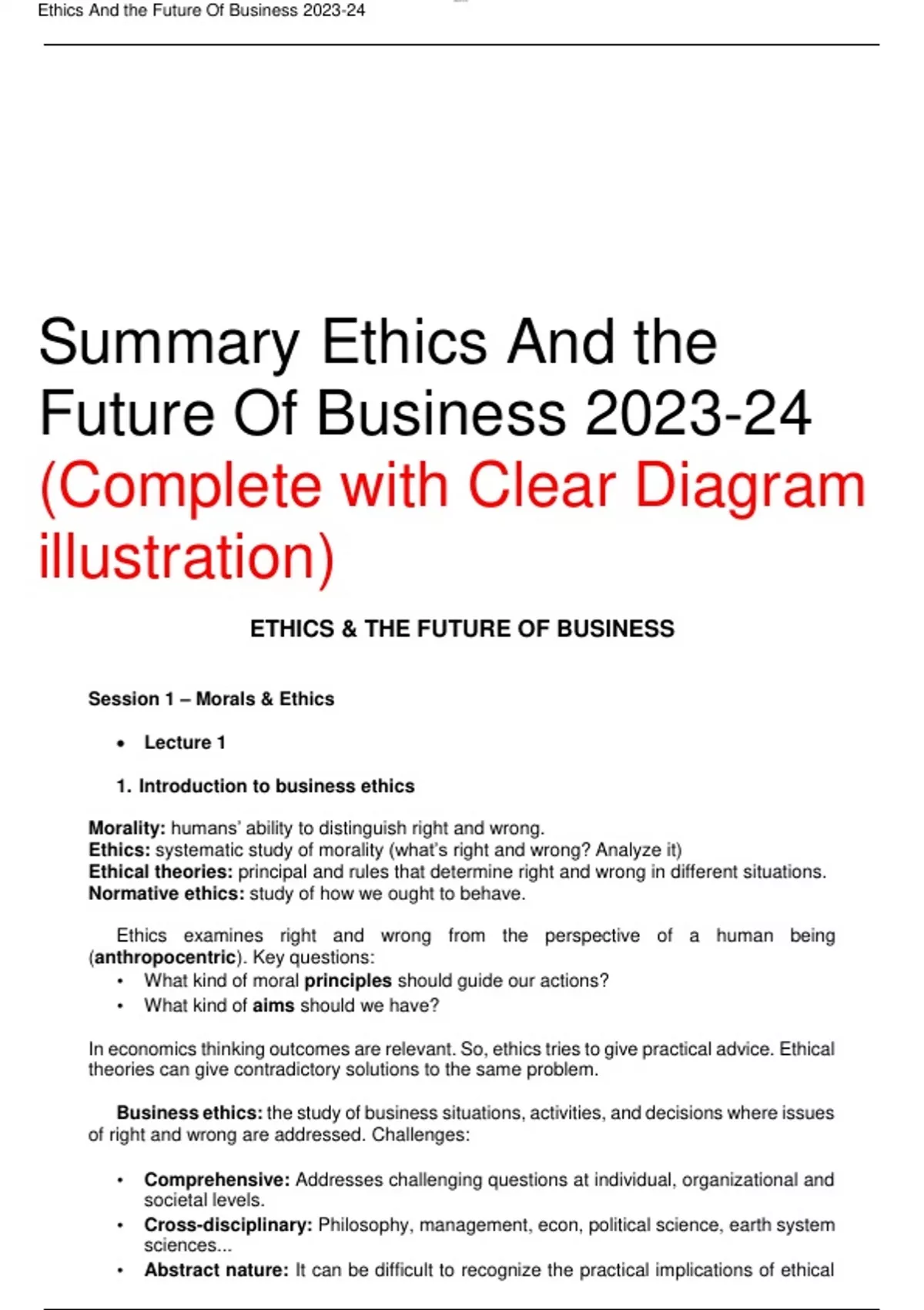 Summary Ethics And the Future Of Business 2023-24 (Complete with Clear ...