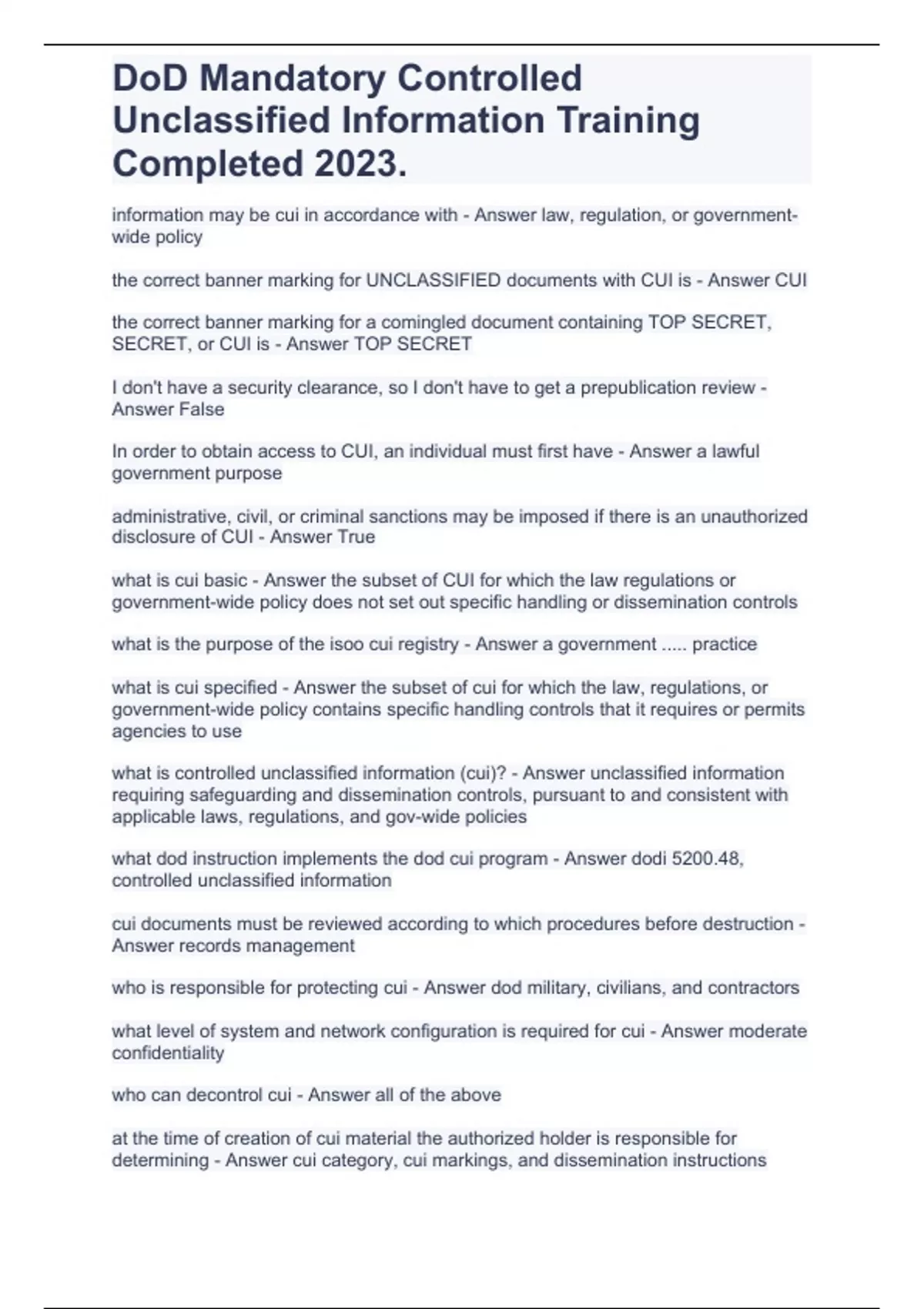 DoD Mandatory Controlled Unclassified Information Training Completed ...