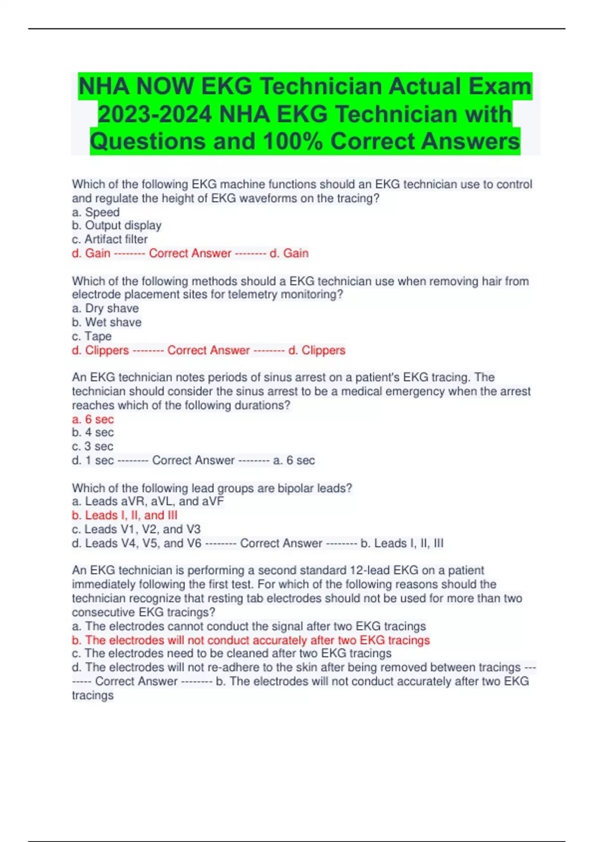 NHA NOW EKG Technician Actual Exam NHA EKG Technician with Questions ...