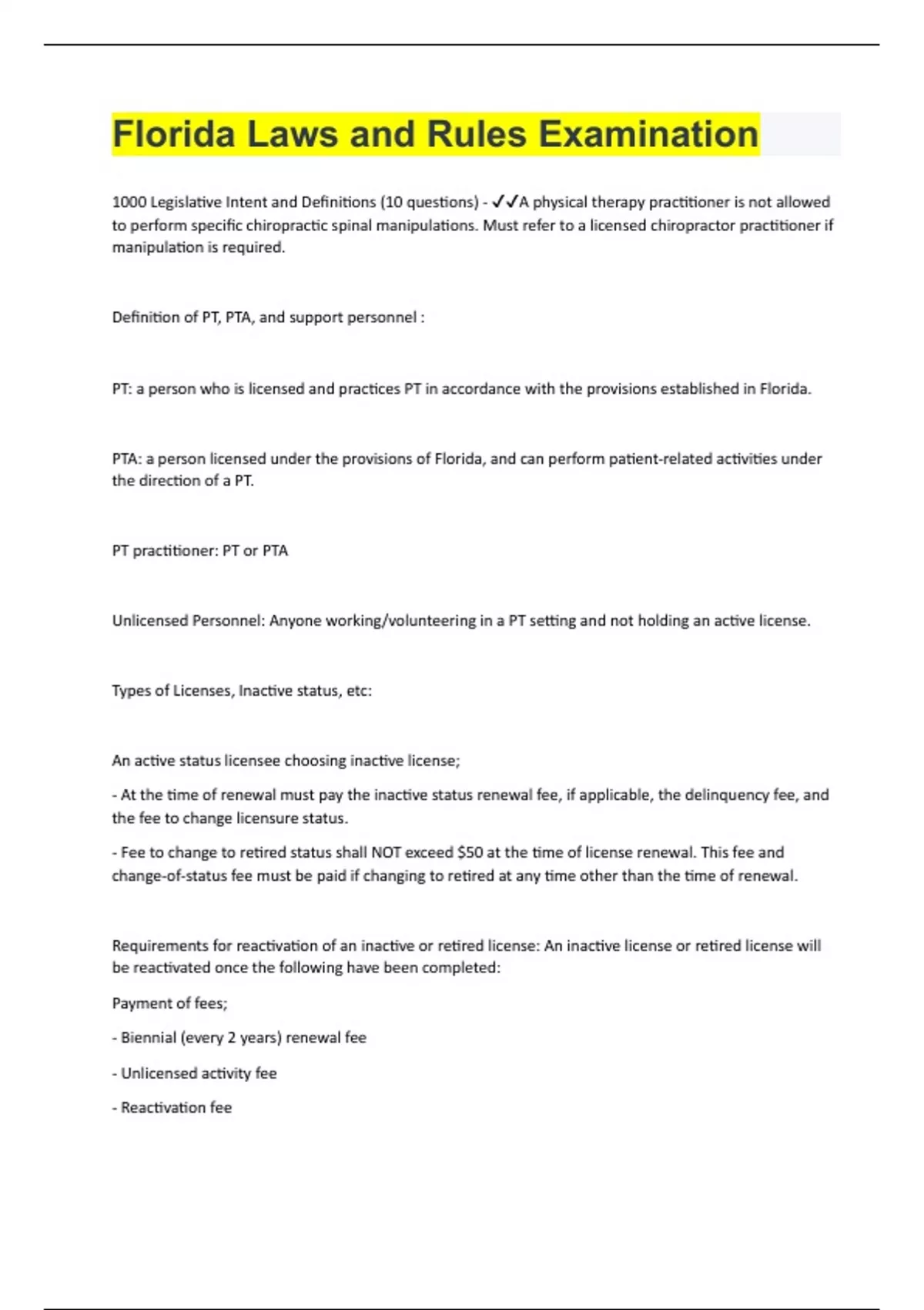 Florida Laws and Rules Examination | Questions With 100% Correct ...