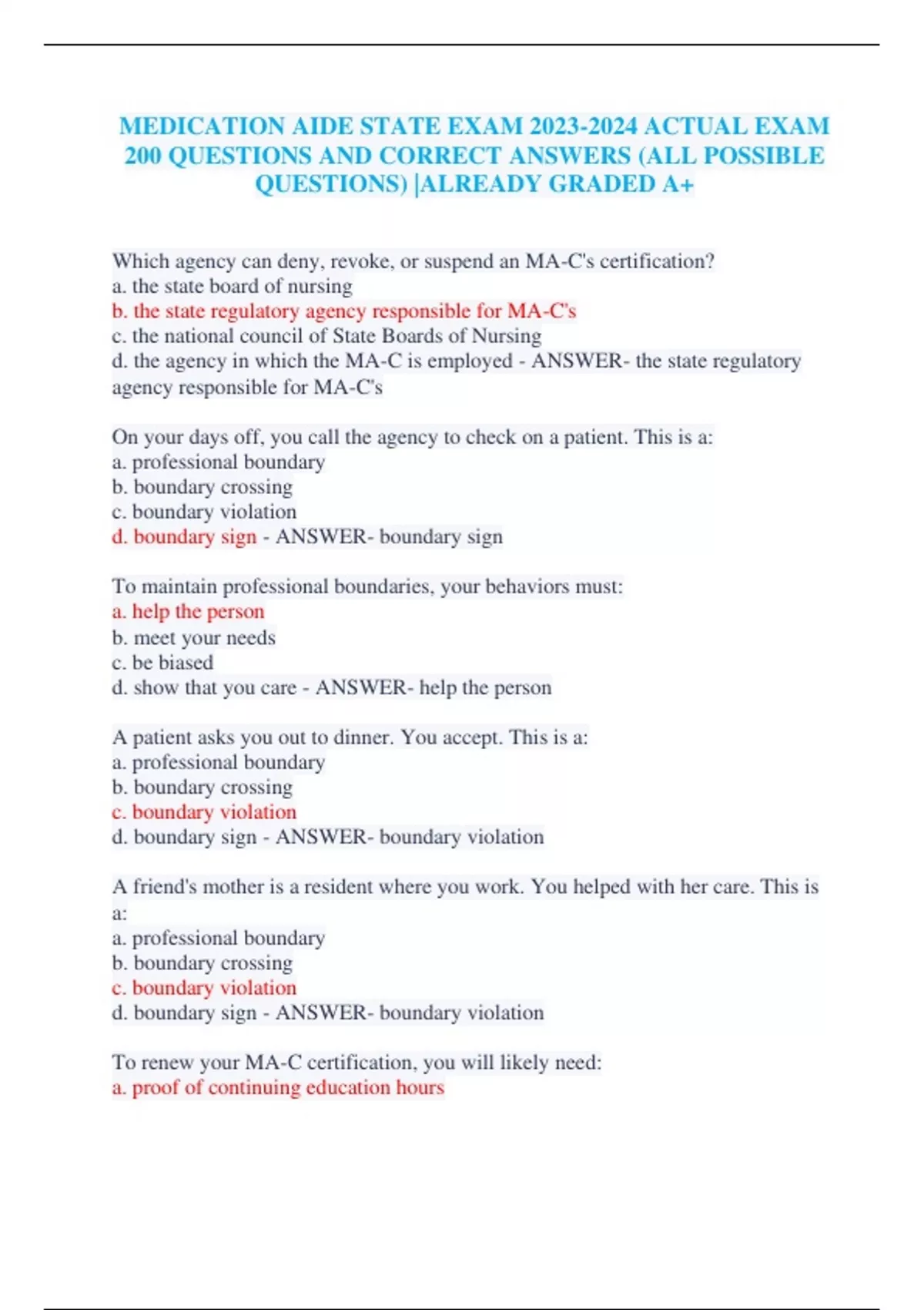 MEDICATION AIDE STATE EXAM ACTUAL EXAM 200 QUESTIONS AND CORRECT ...