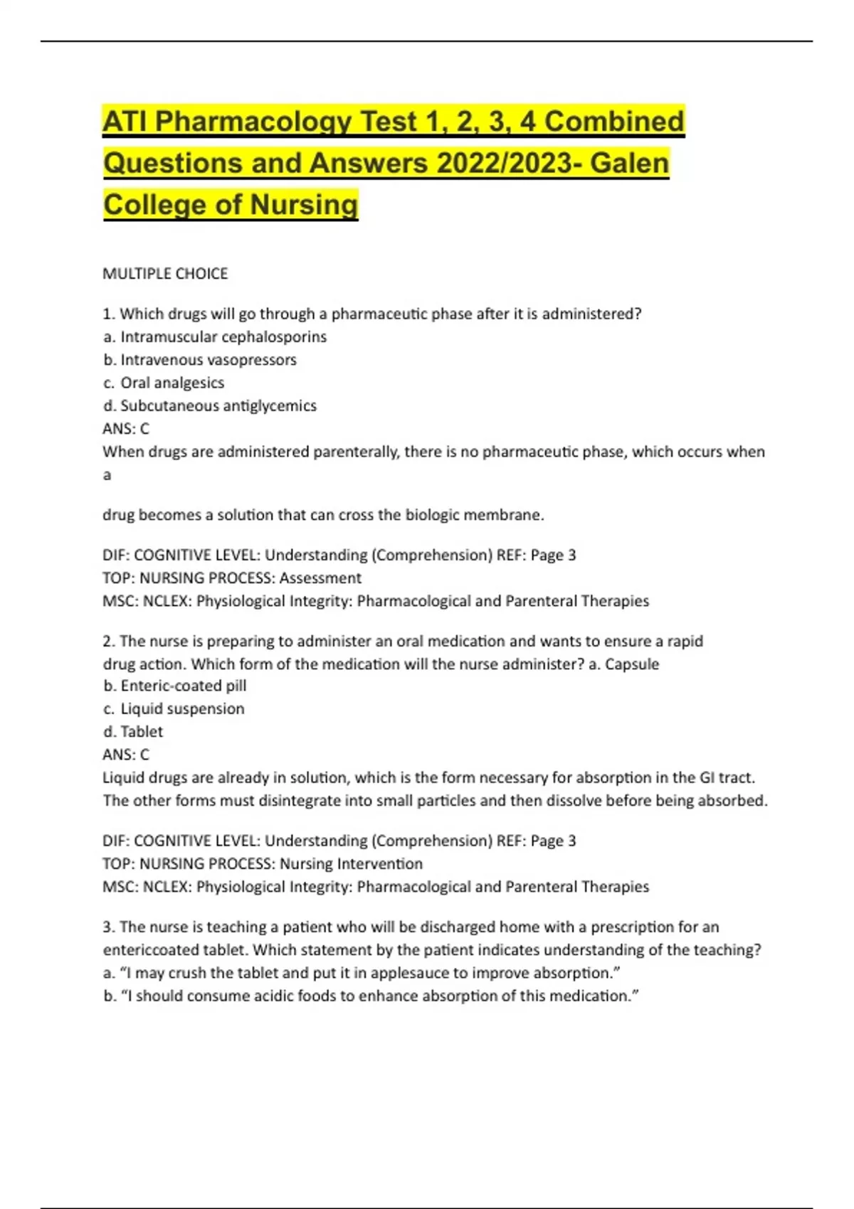 ATI Pharmacology Test 1, 2, 3, 4 Combined Questions and Answers - Galen ...
