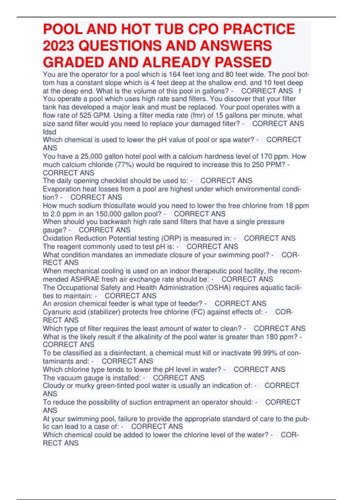 UPDATED 2025/2026 POOL AND HOT TUB CPO PRACTICE QUESTIONS AND ANSWERS ...