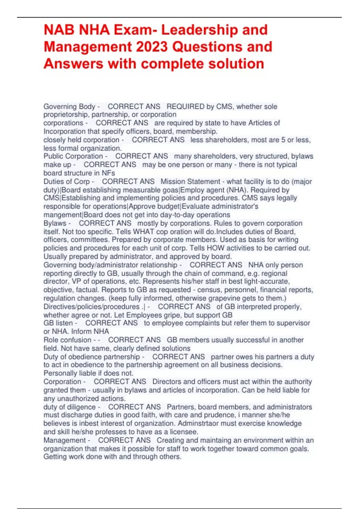 NAB NHA Exam- Leadership and Management 2023 Questions and Answers with ...