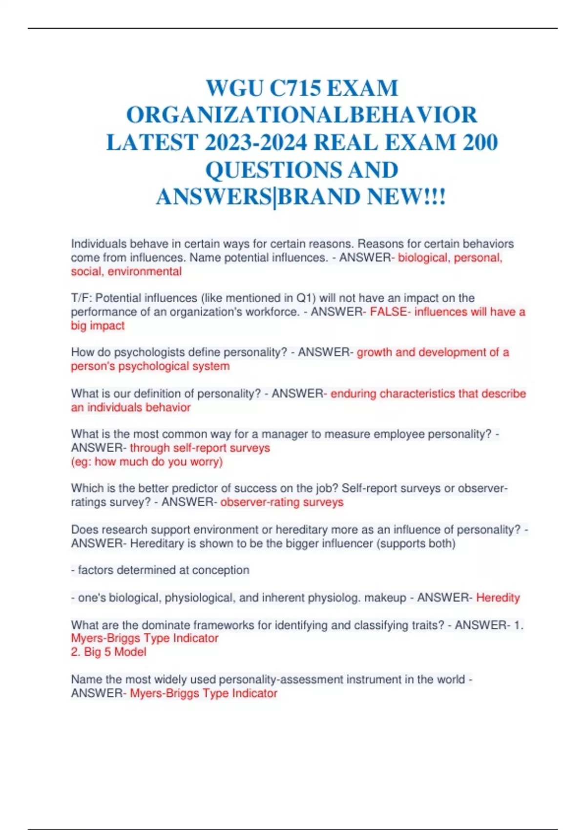 WGU C715 EXAM ORGANIZATIONAL BEHAVIOR LATEST REAL EXAM 200 QUESTIONS ...