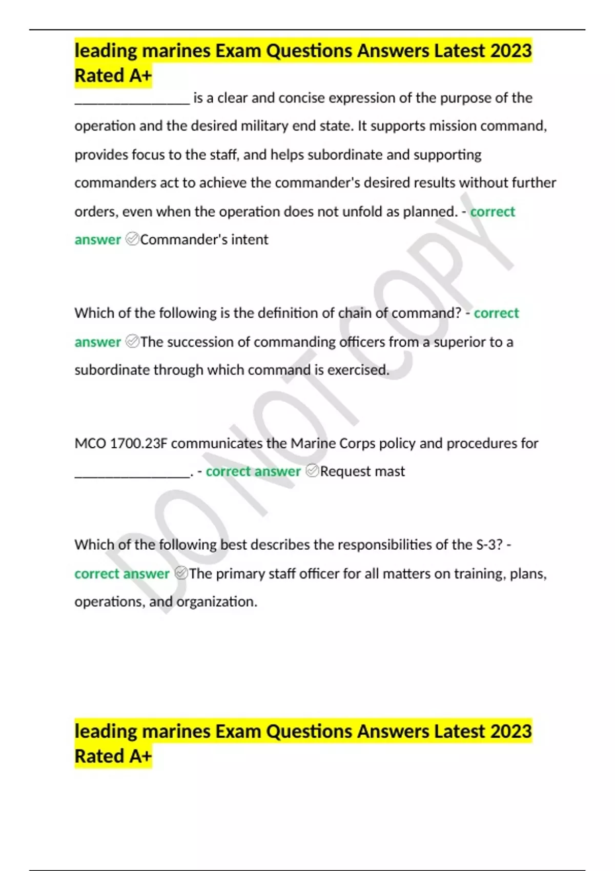 leading marines Exam Questions Answers Latest 2023 Rated A+ - Leading ...