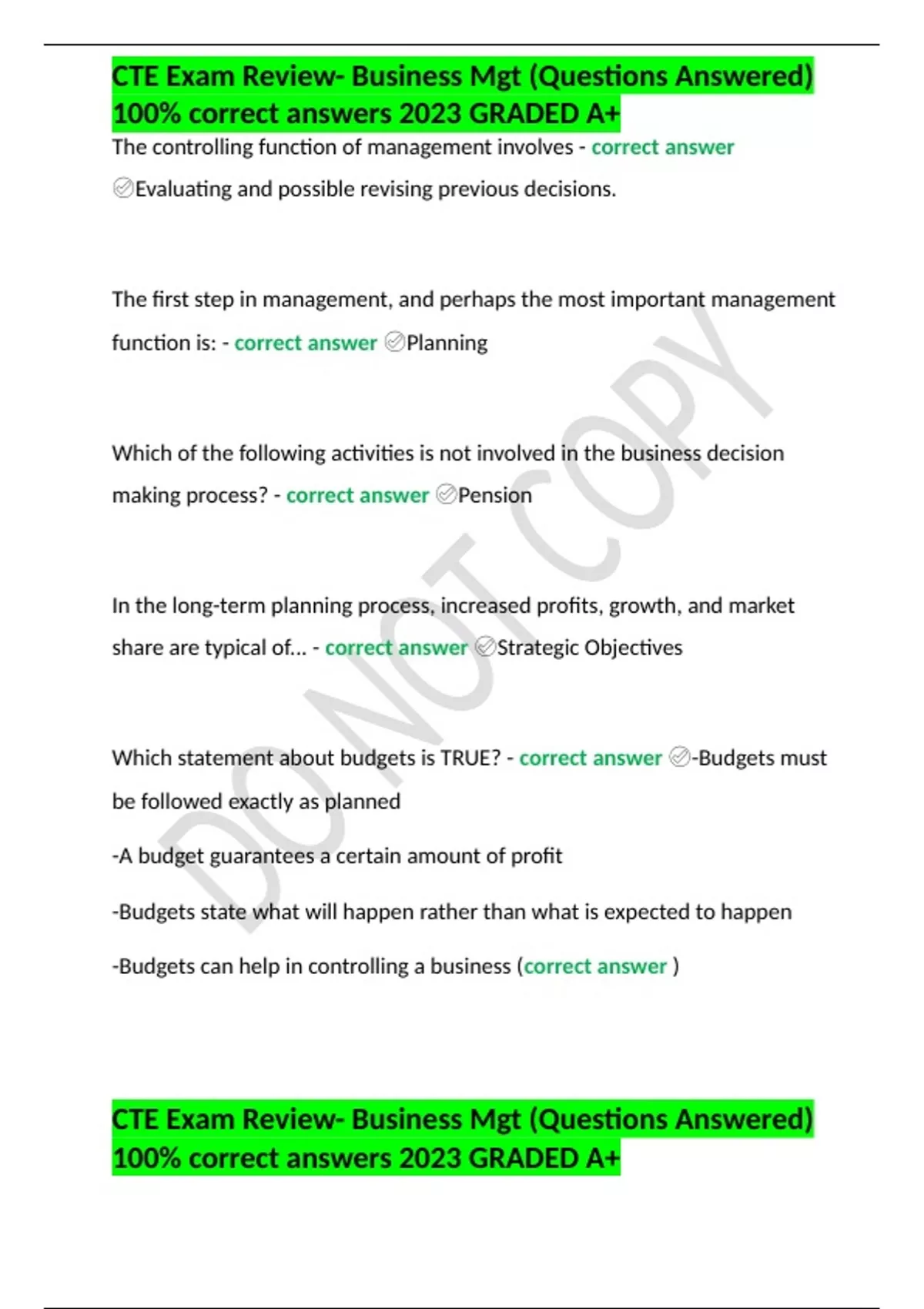 CTE Exam Review- Business Mgt (Questions Answered) 100% correct answers 2023 GRADED A+ - CTE ...