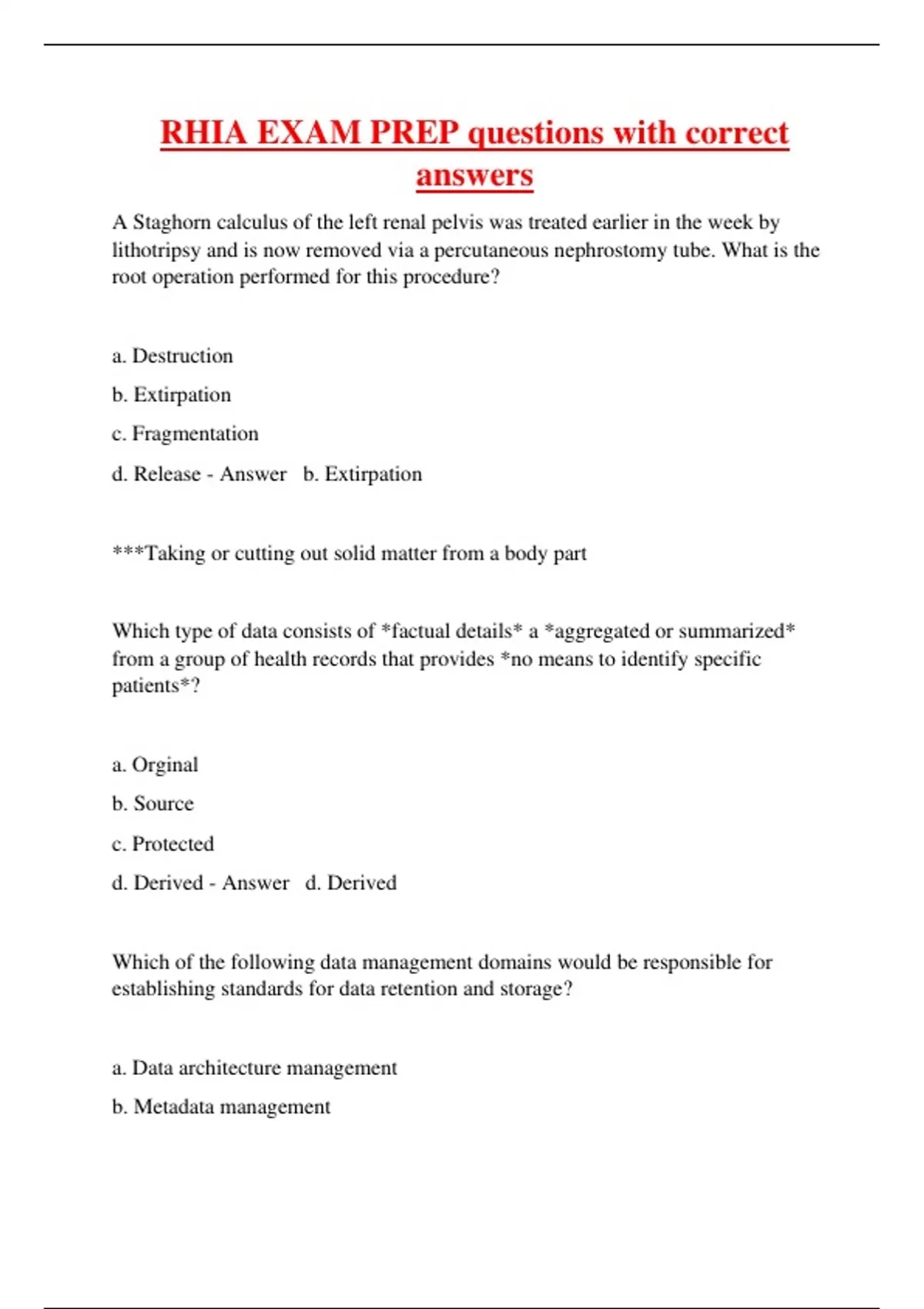 RHIA EXAM PREP questions with correct answers - RHIA & RHIT - Stuvia US