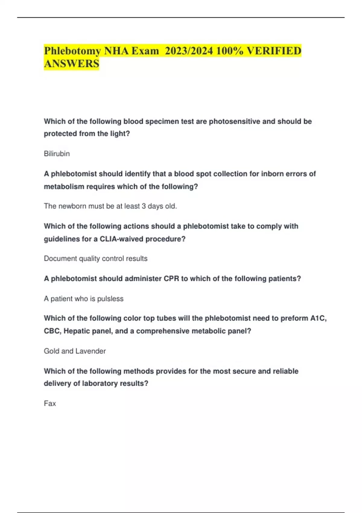 Phlebotomy NHA Exam 2023/2024 100% VERIFIED ANSWERS - Nha phlebotomy ...