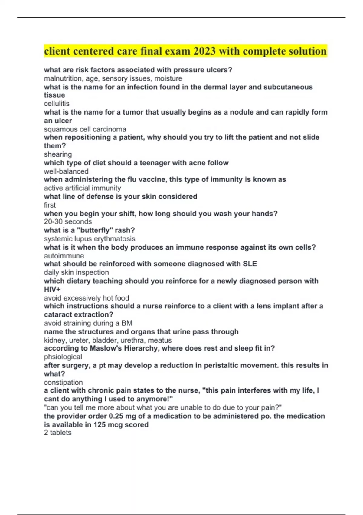client centered care final exam 2023 with complete solution - Client centered care - Stuvia US