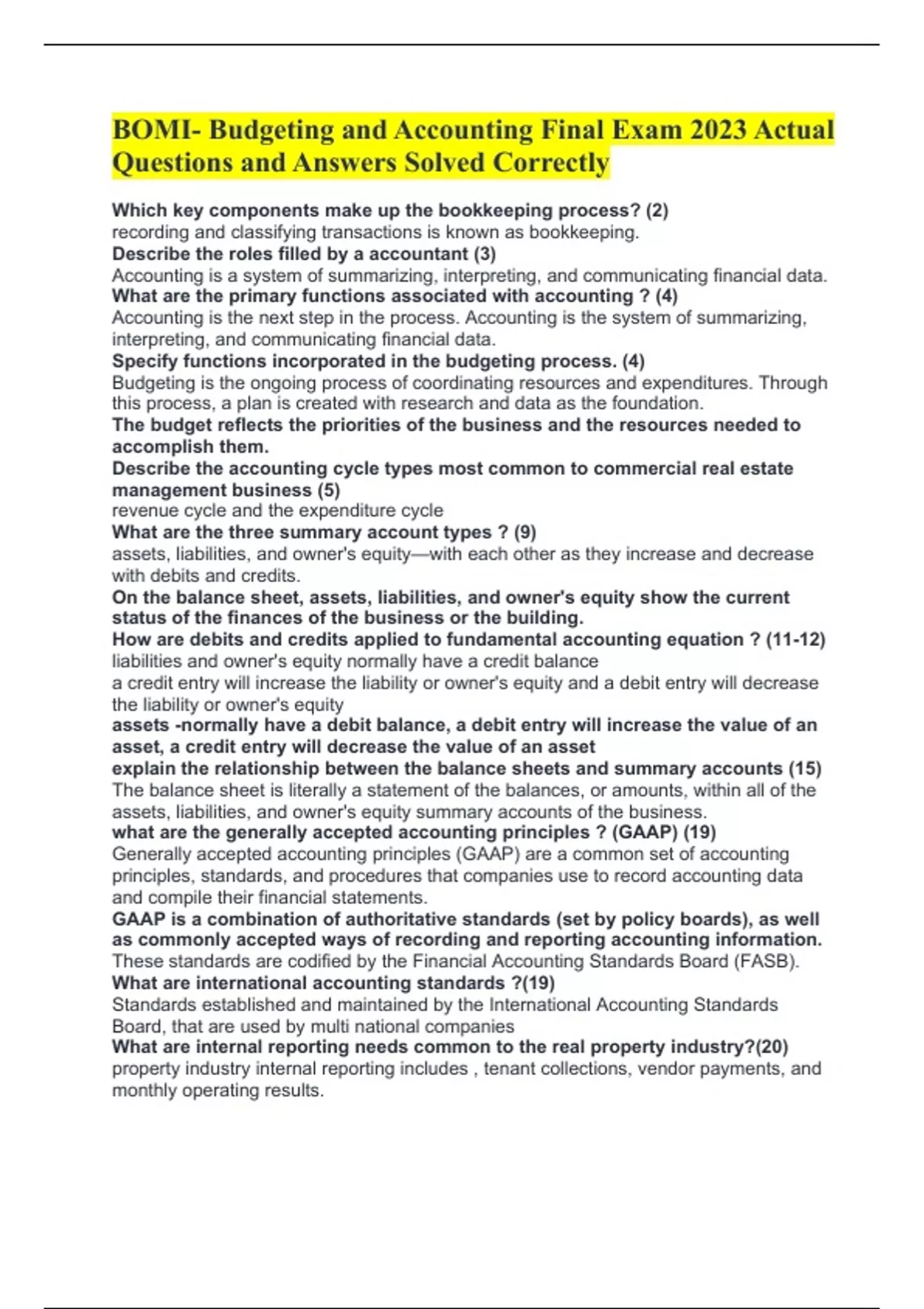 BOMI- Budgeting and Accounting Final Exam 2023 Actual Questions and ...