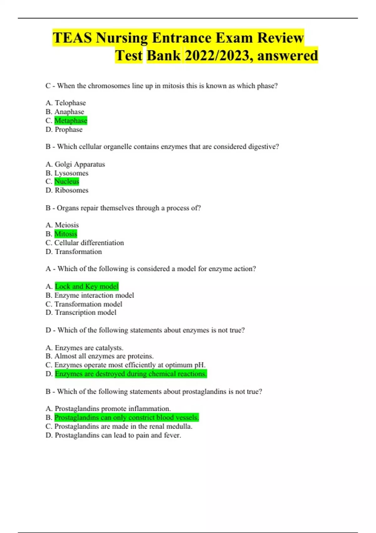 TEAS Nursing Entrance Exam Review Test Bank 2022/2023, answered - TEAS ...
