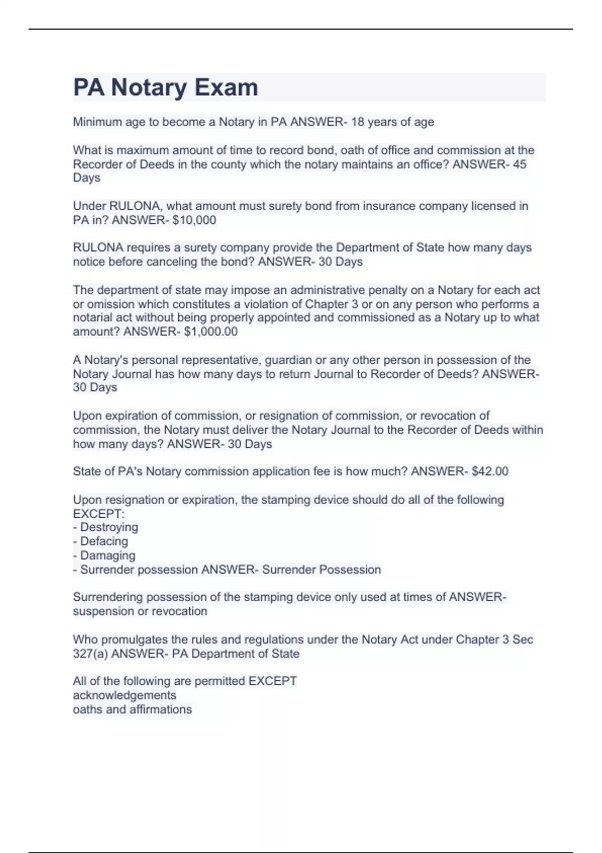 PA Notary Exam QUESTIONS AND ANSWERS COMPLETE (2023/2024) - Progression ...