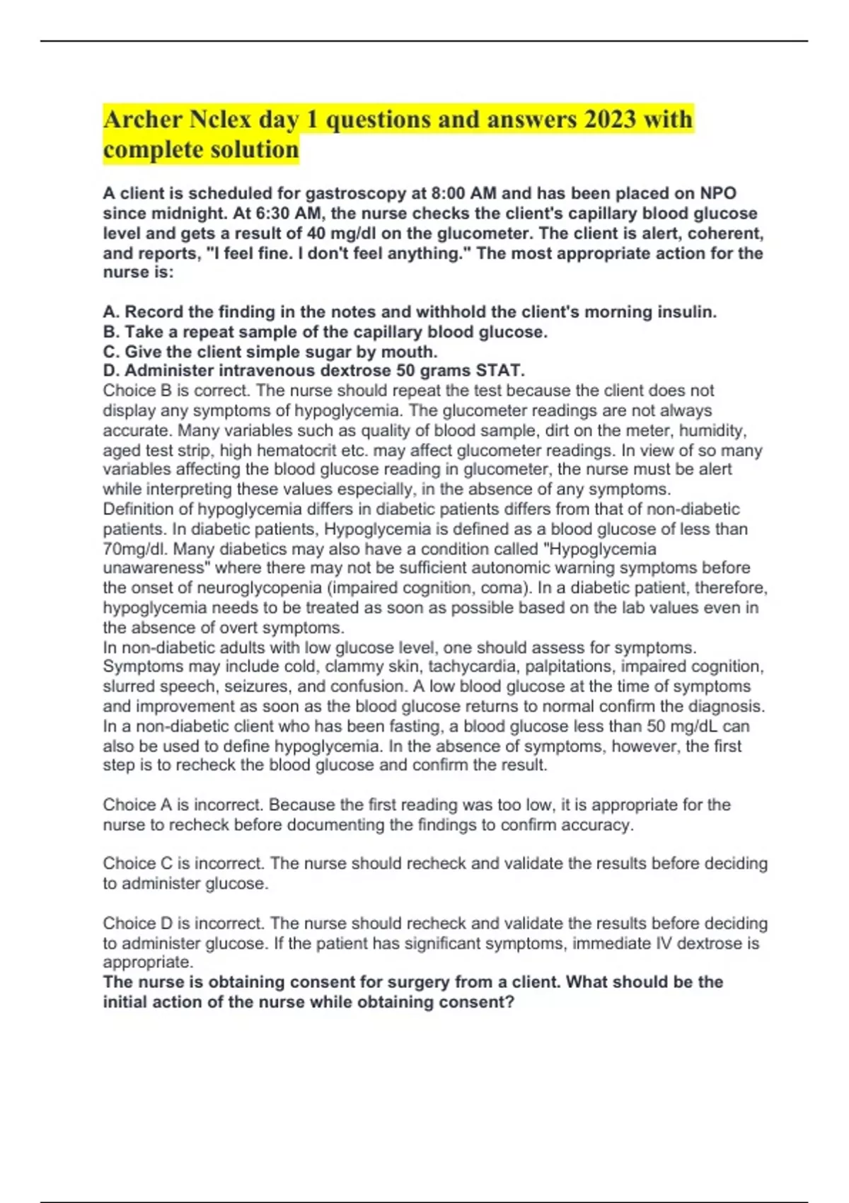 Archer Nclex day 1 questions and answers 2023 with complete solution ...