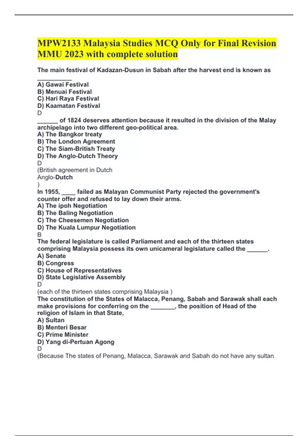 MPW2133 Malaysia Studies MCQ Only for Final Revision MMU 2023 with complete solution - MPW2133 ...