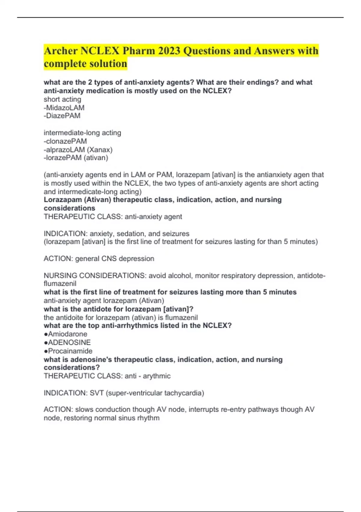 Archer NCLEX Pharm 2023 Questions and Answers with complete solution ...