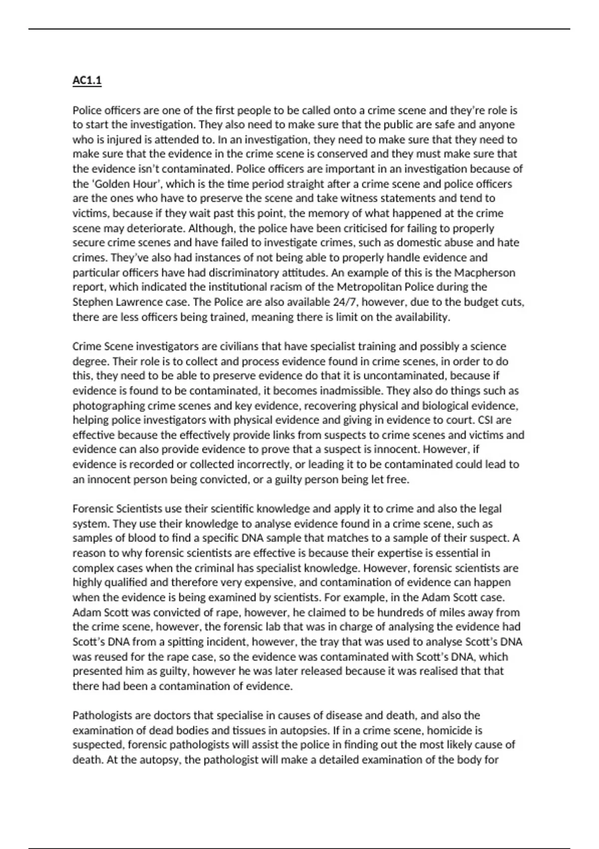 WJEC Level 3 Criminology UNIT 3 Crime scene To Courtroom Example answers - Crime Scene To ...