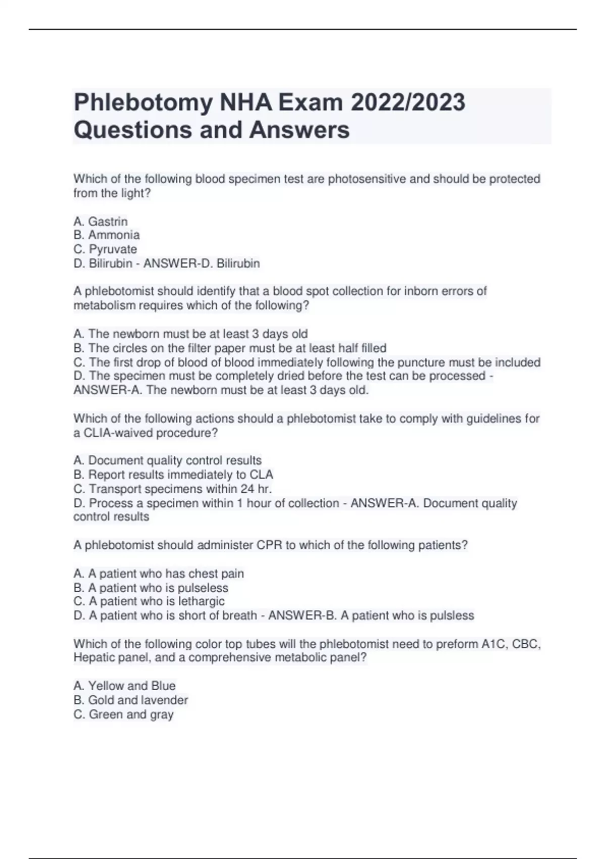 Phlebotomy NHA Exam 2022/2023 Questions and Answers - Phlebotomy NHA ...
