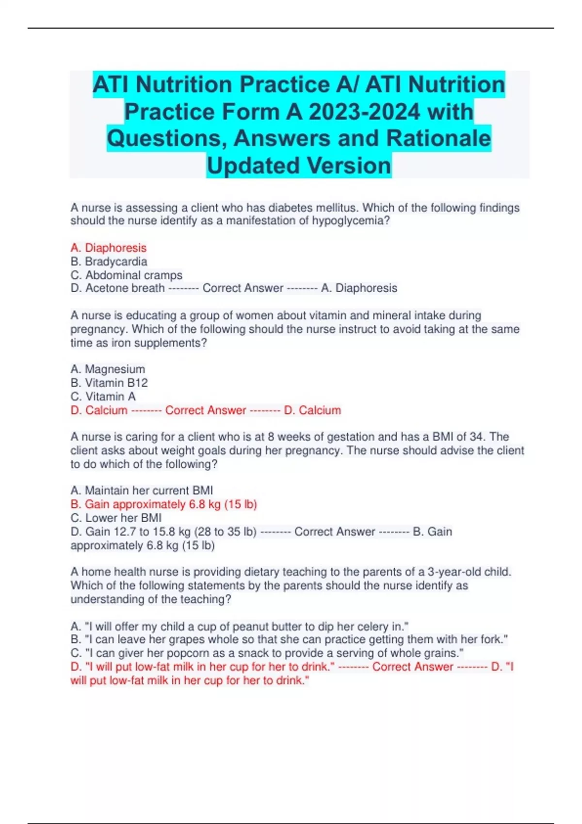 ATI Nutrition Practice A/ ATI Nutrition Practice Form A with Questions ...