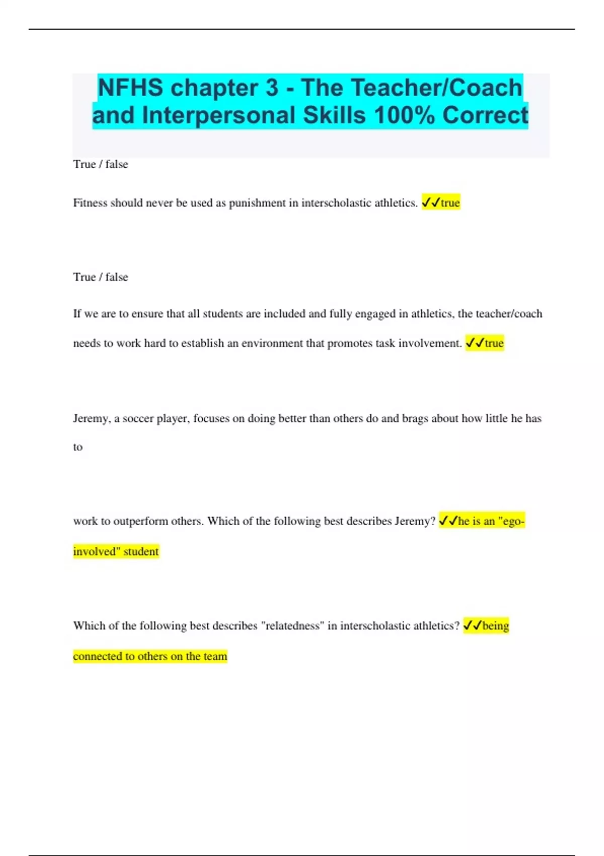 NFHS chapter 3 - The Teacher/Coach and Interpersonal Skills 100% Correct - NFHS - Stuvia US