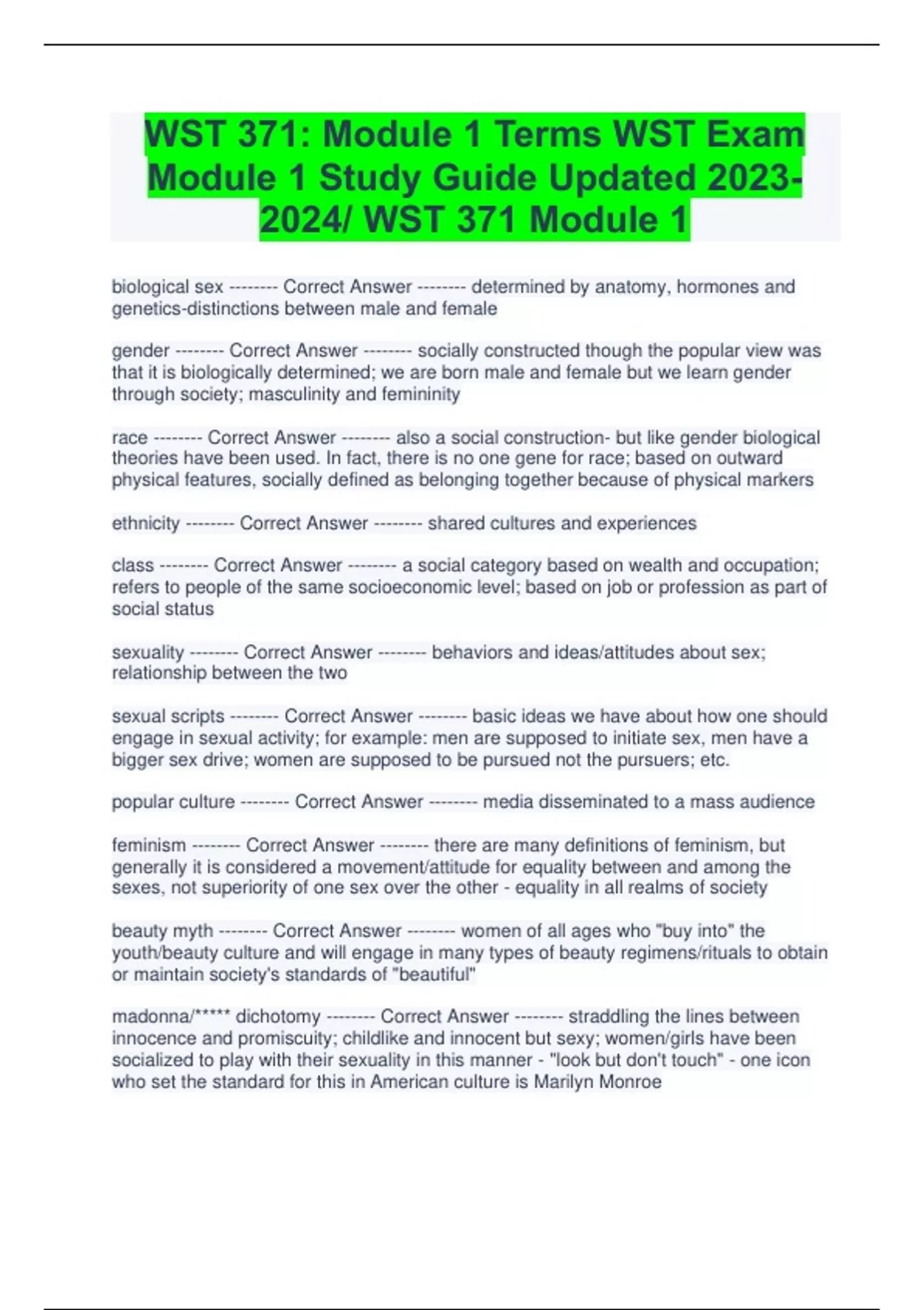 WST 371: Module 1 Terms WST Exam Module 1 Study Guide Updated / WST 371 Module 1 - WST 371 ...