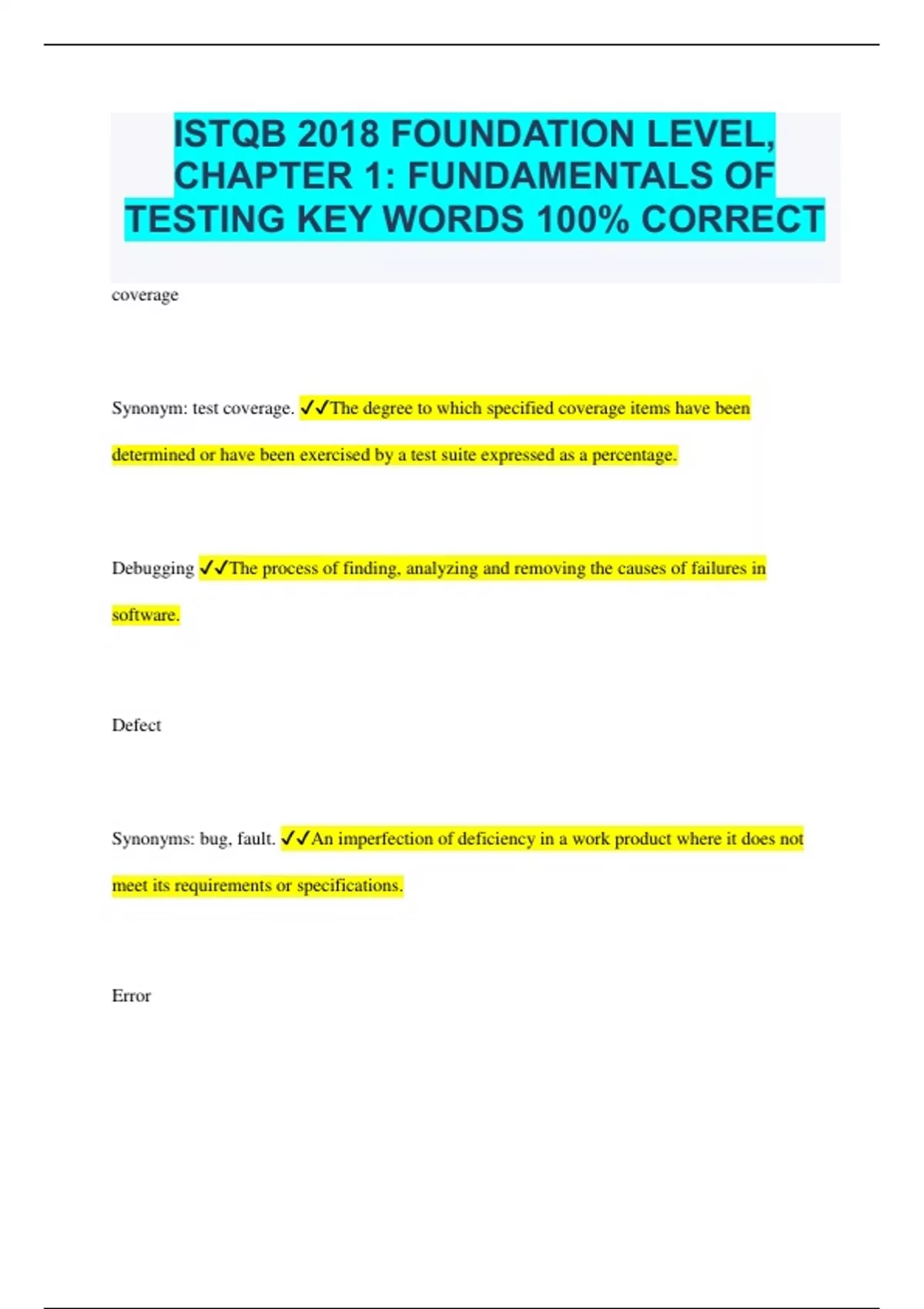 Istqb 2018 Foundation Level Chapter 1 Fundamentals Of Testing Key Words 100 Correct Istqb