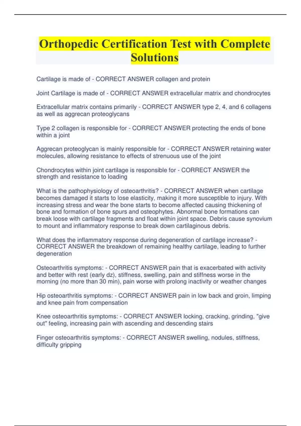 Orthopedic Certification Test with Complete Solutions - Orthopedic ...