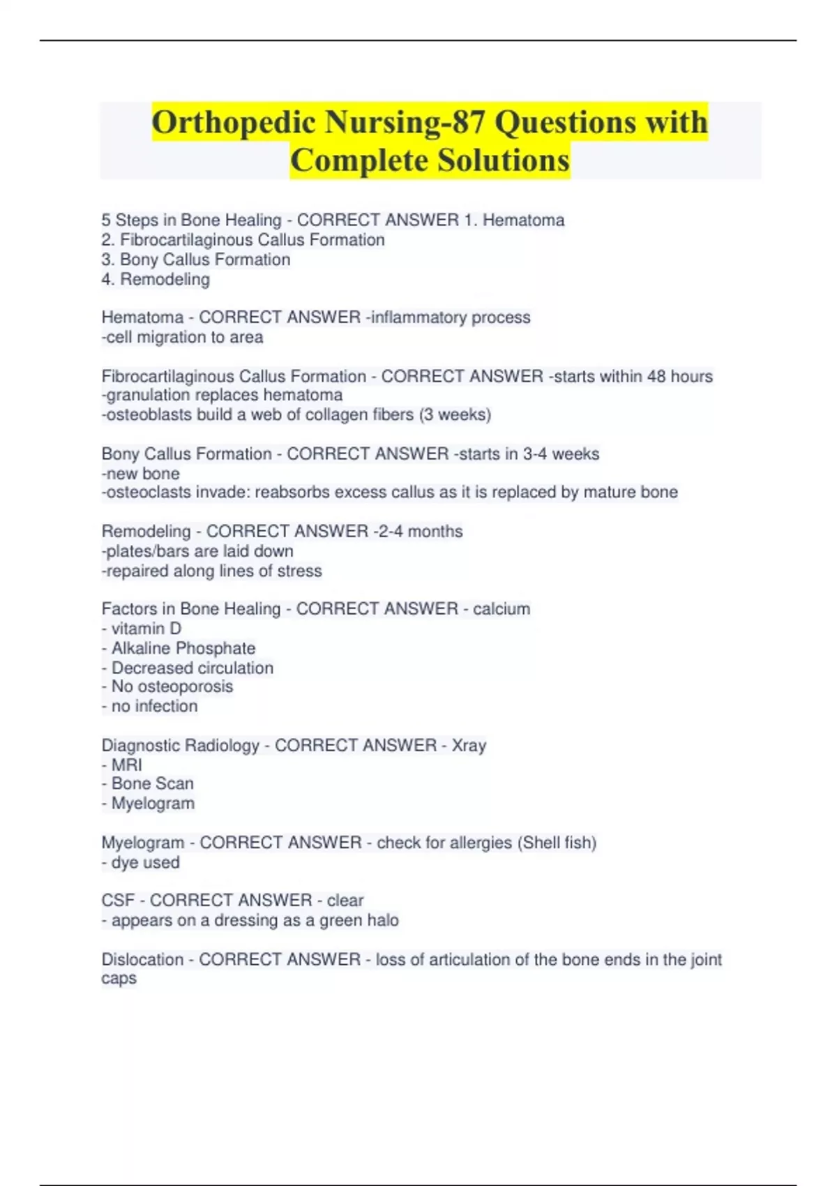 Orthopedic Nursing-87 Questions with Complete Solutions - Orthopedic Nurses Certification Board ...
