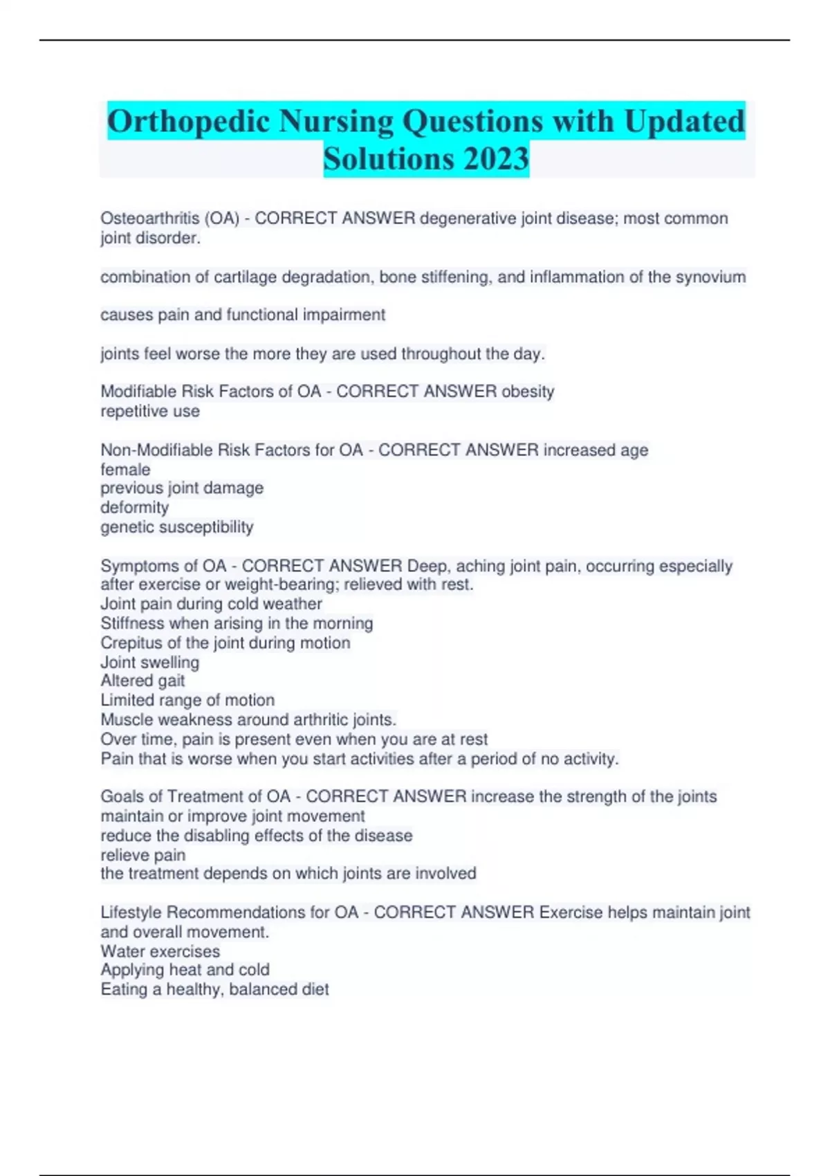 Orthopedic Nursing Questions with Updated Solutions 2023 - Orthopedic ...