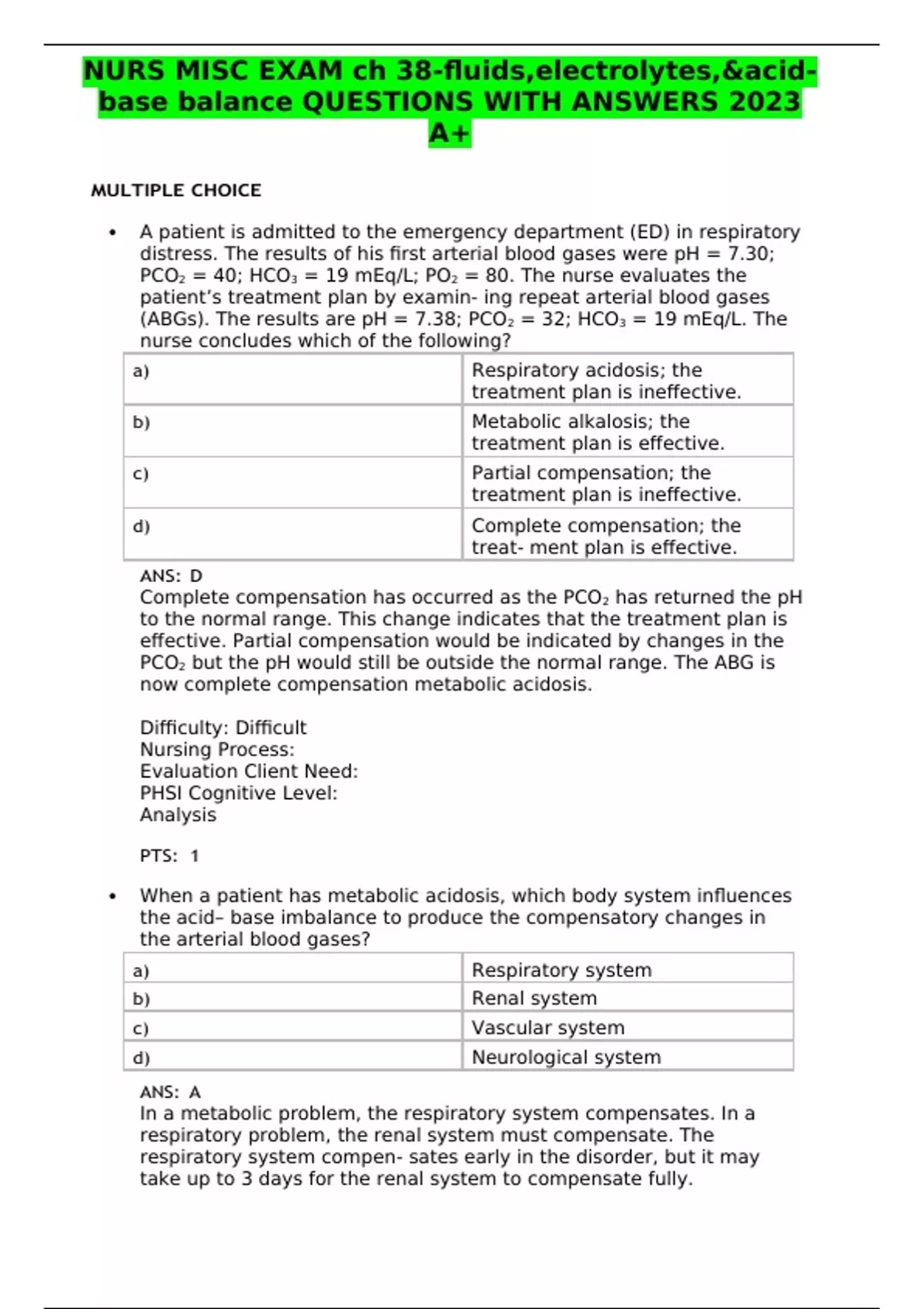 NURS MISC EXAM ch 38-fluids,electrolytes,&acid-base balance QUESTIONS ...