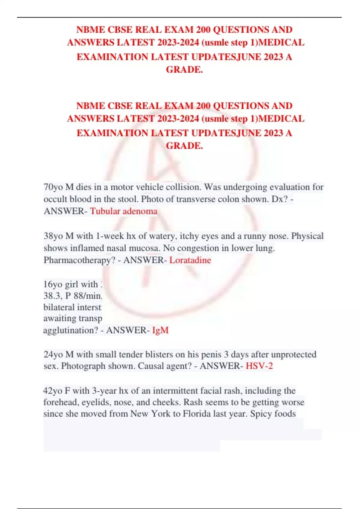 NBME CBSE REAL EXAM 200 QUESTIONS AND ANSWERS LATEST (usmle step 1 ...