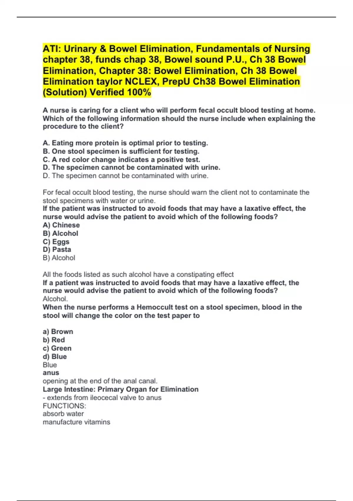 ATI: Urinary & Bowel Elimination, Fundamentals of Nursing chapter 38 ...