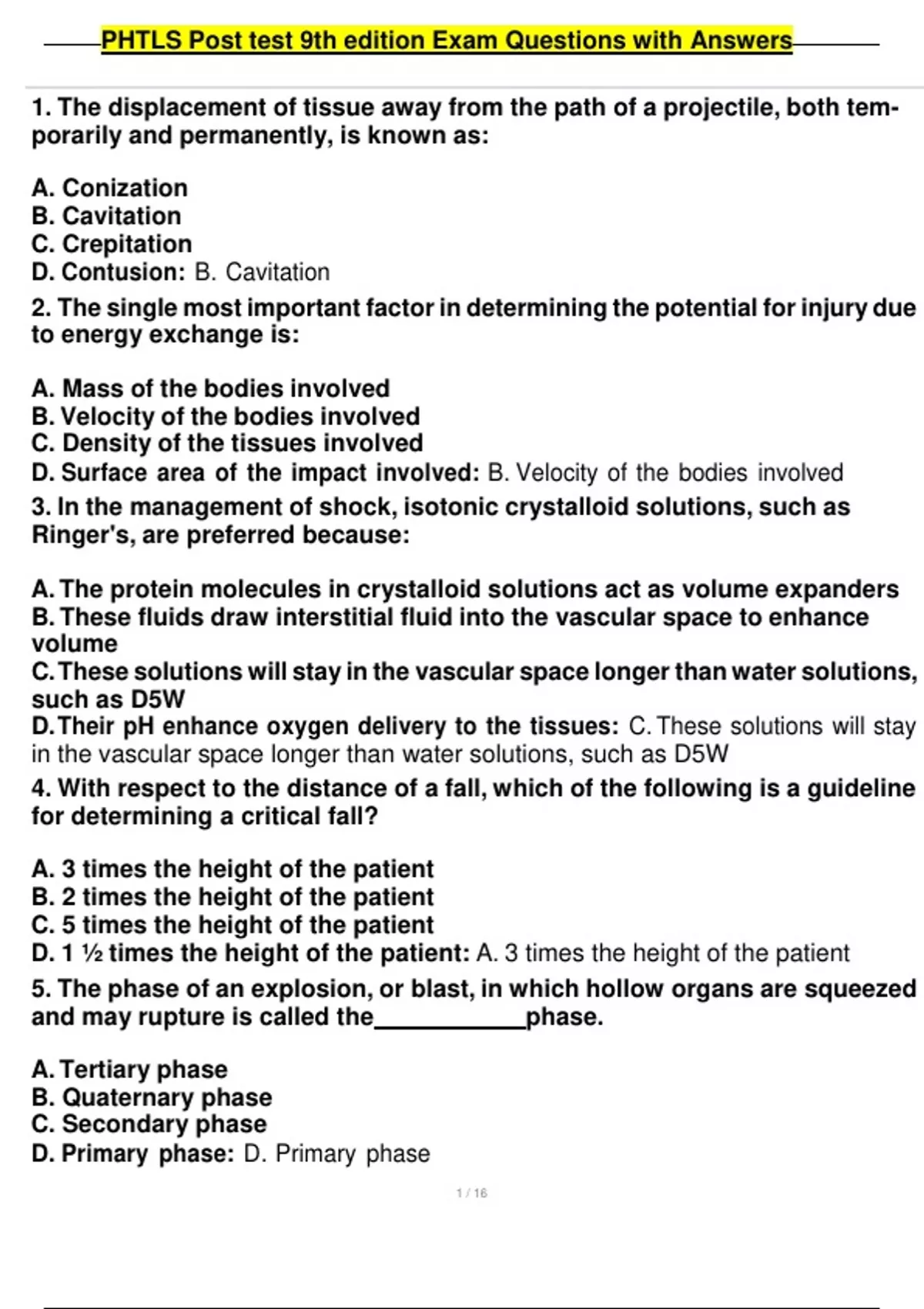 PHTLS Post test 9th edition Exam Questions with Answers - PHTLS - Stuvia US