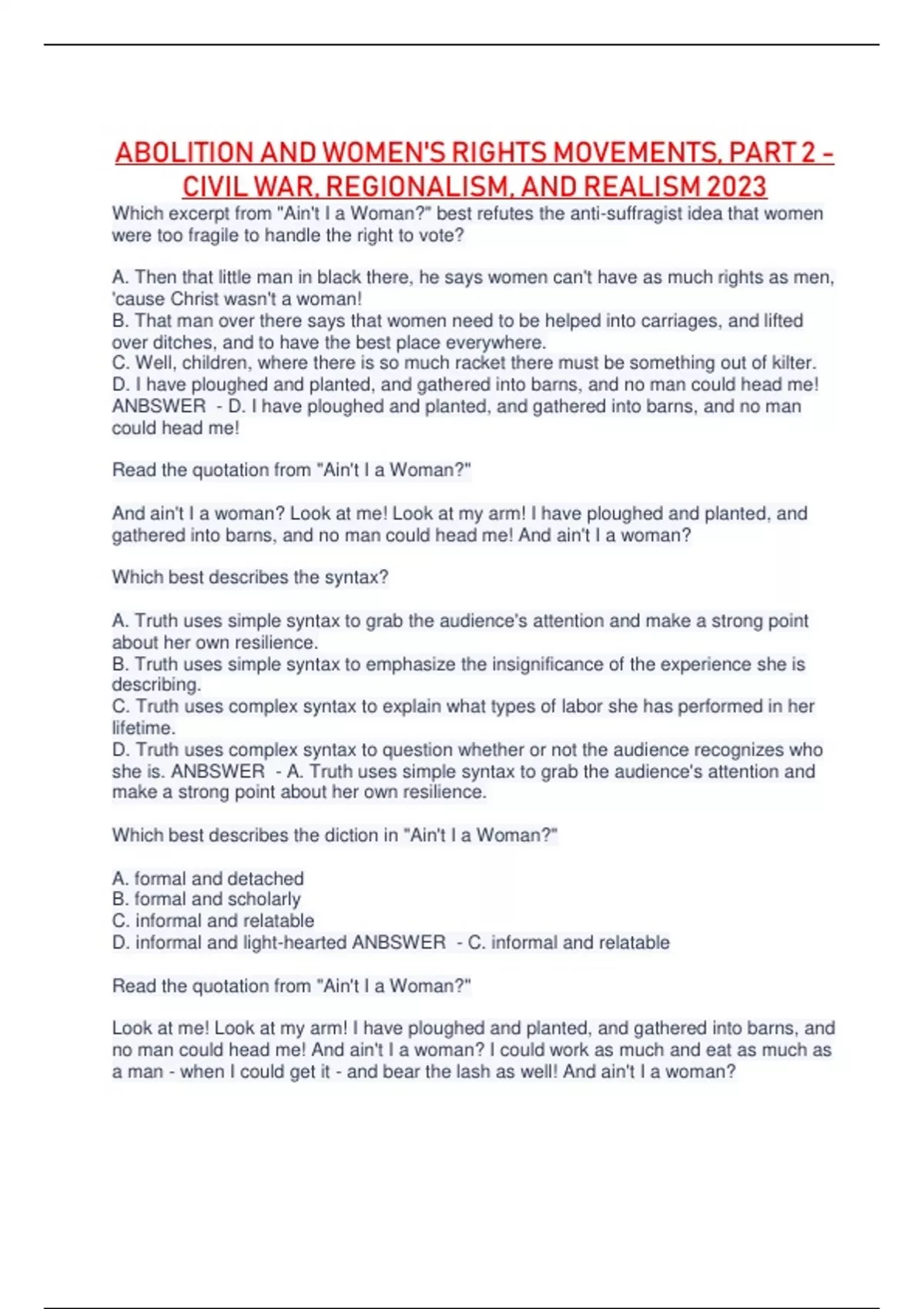 ABOLITION AND WOMEN'S RIGHTS MOVEMENTS, PART 2 - CIVIL WAR, REGIONALISM ...