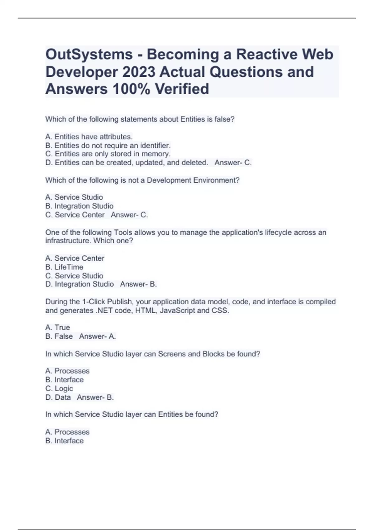 OutSystems - Becoming a Reactive Web Developer 2023 Actual Questions and Answers 100% Verified ...