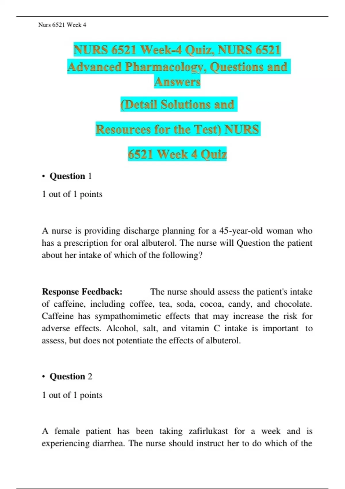 NURS 6521 Week-4 Quiz, NURS 6521 Advanced Pharmacology, Questions and Answers (Detail Solutions ...