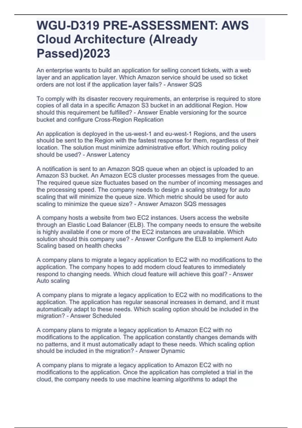 WGU-D319 PRE-ASSESSMENT: AWS Cloud Architecture (Already Passed)2023 ...